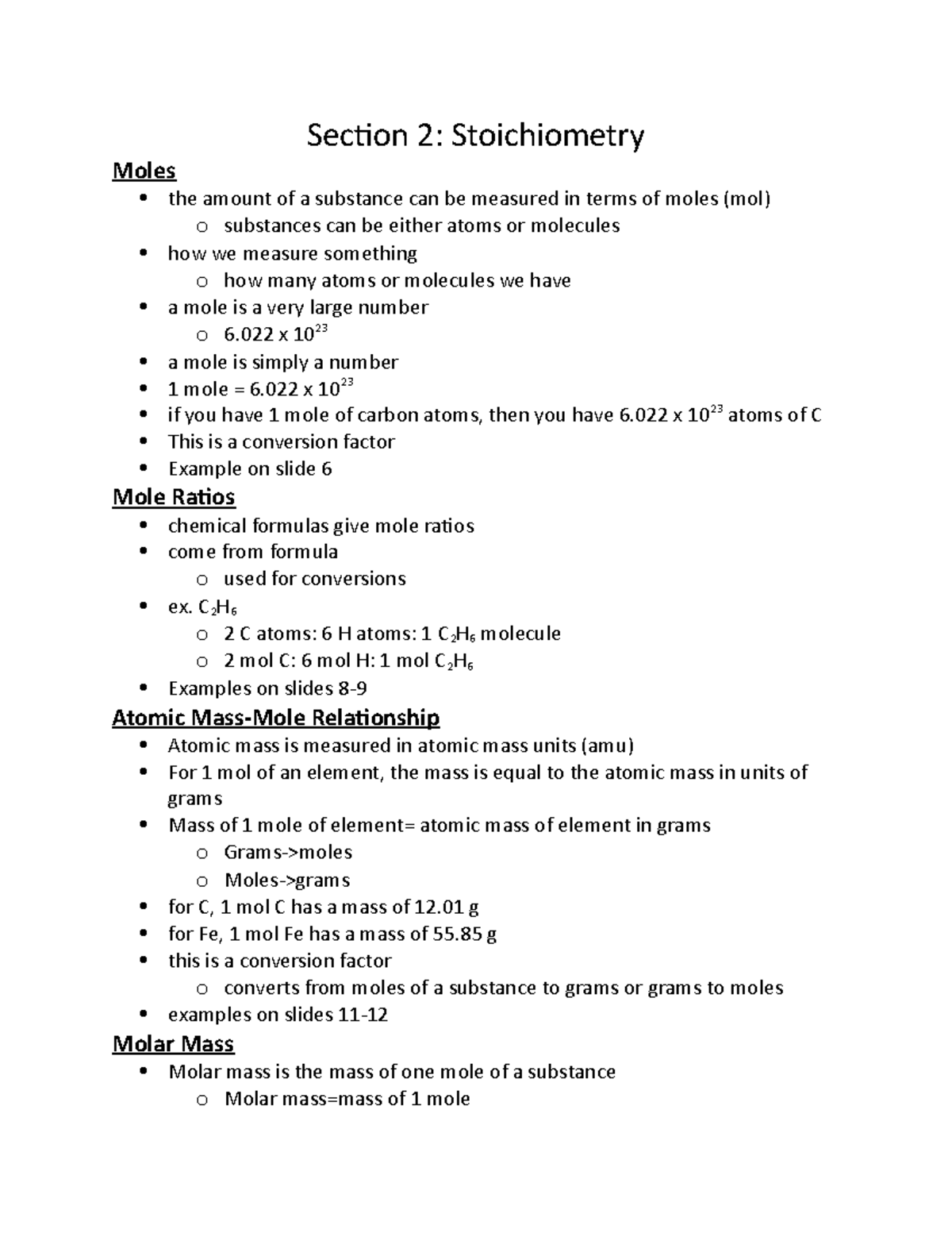Stoichiometry - Lecture notes 2 - Section 2: Stoichiometry Moles the ...