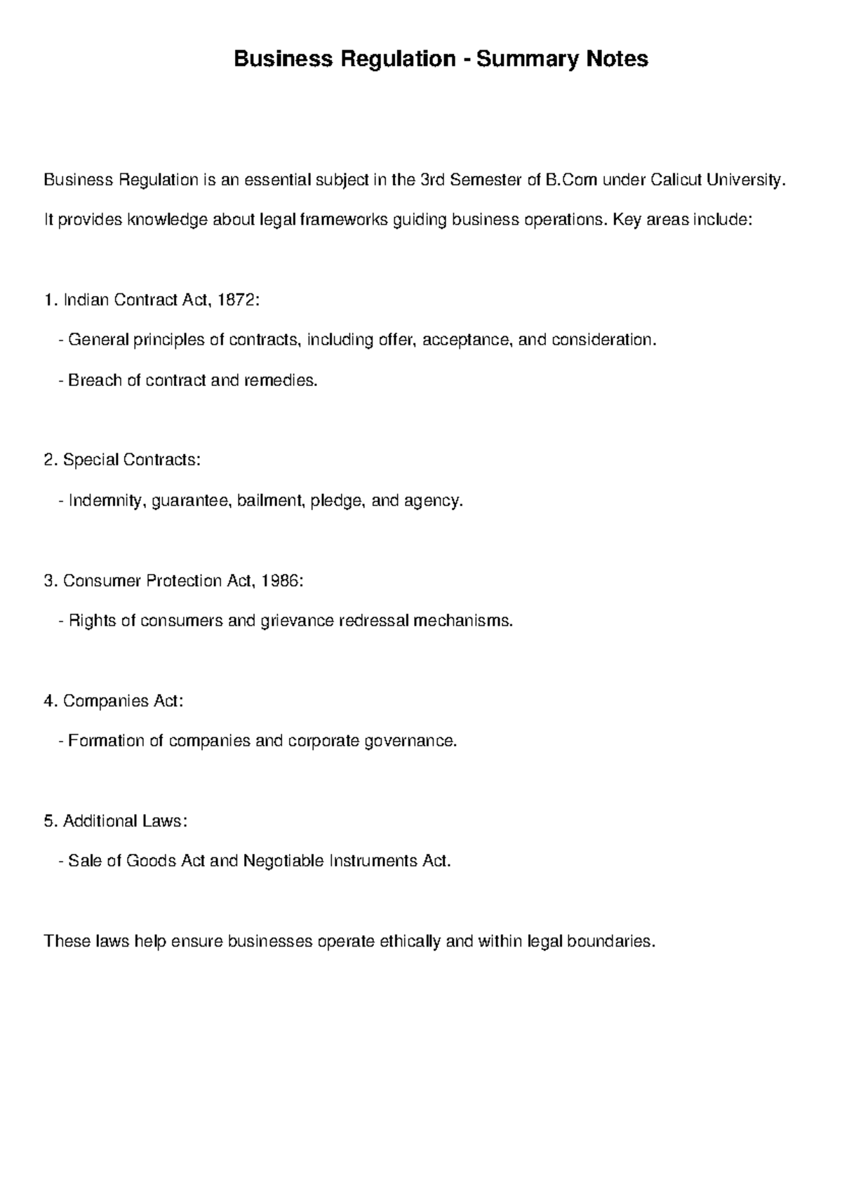 Business Regulation Summary - Business Regulation - Summary Notes ...