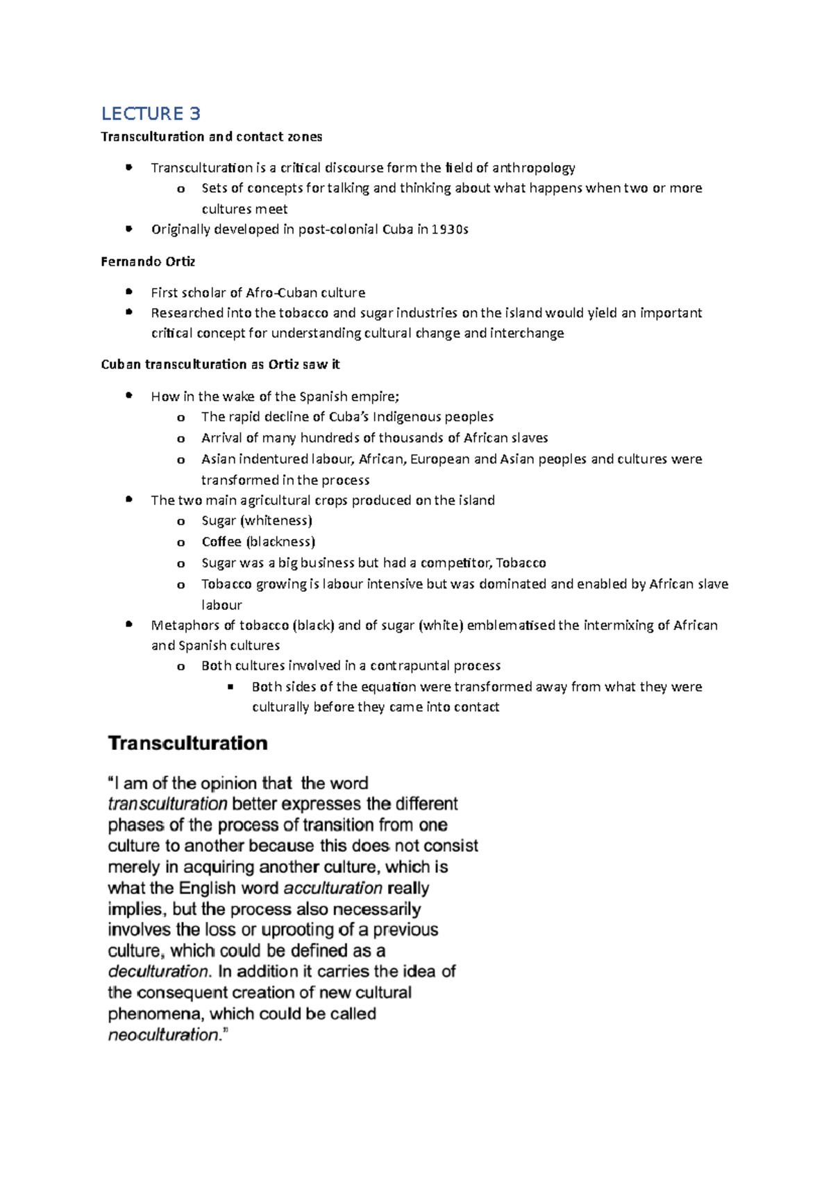 FIS notes - Brief summary of lectures - LECTURE 3 Transculturation and ...