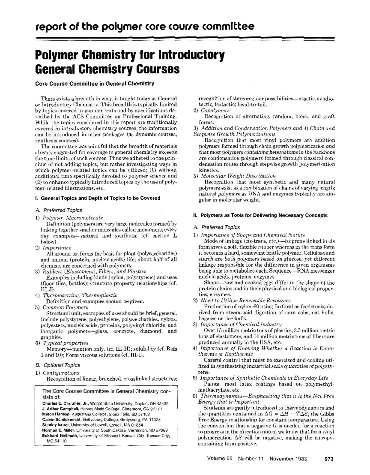Polymer chemistry for introductory general chemistry courses - report ...