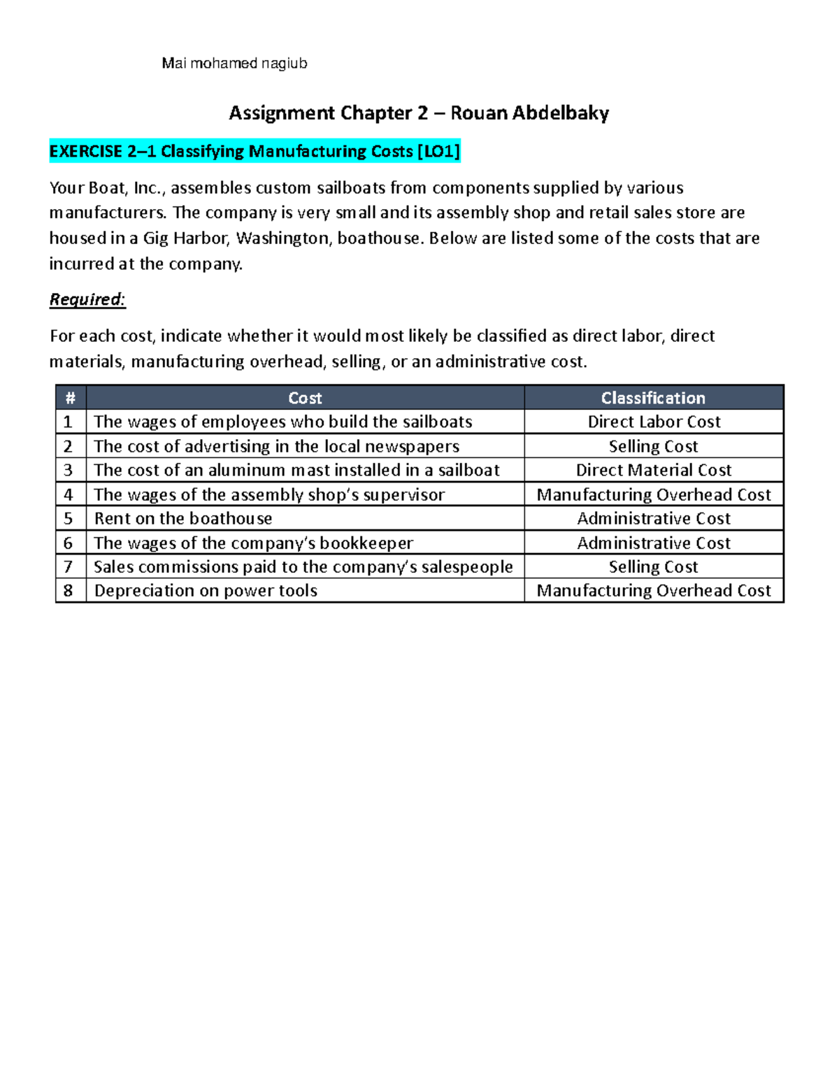 Assignment Ch02 - Rouan Abdelbaqy 2 - Assignment Chapter 2 – Rouan Abdelbaky EXERCISE 2–1 - Studocu