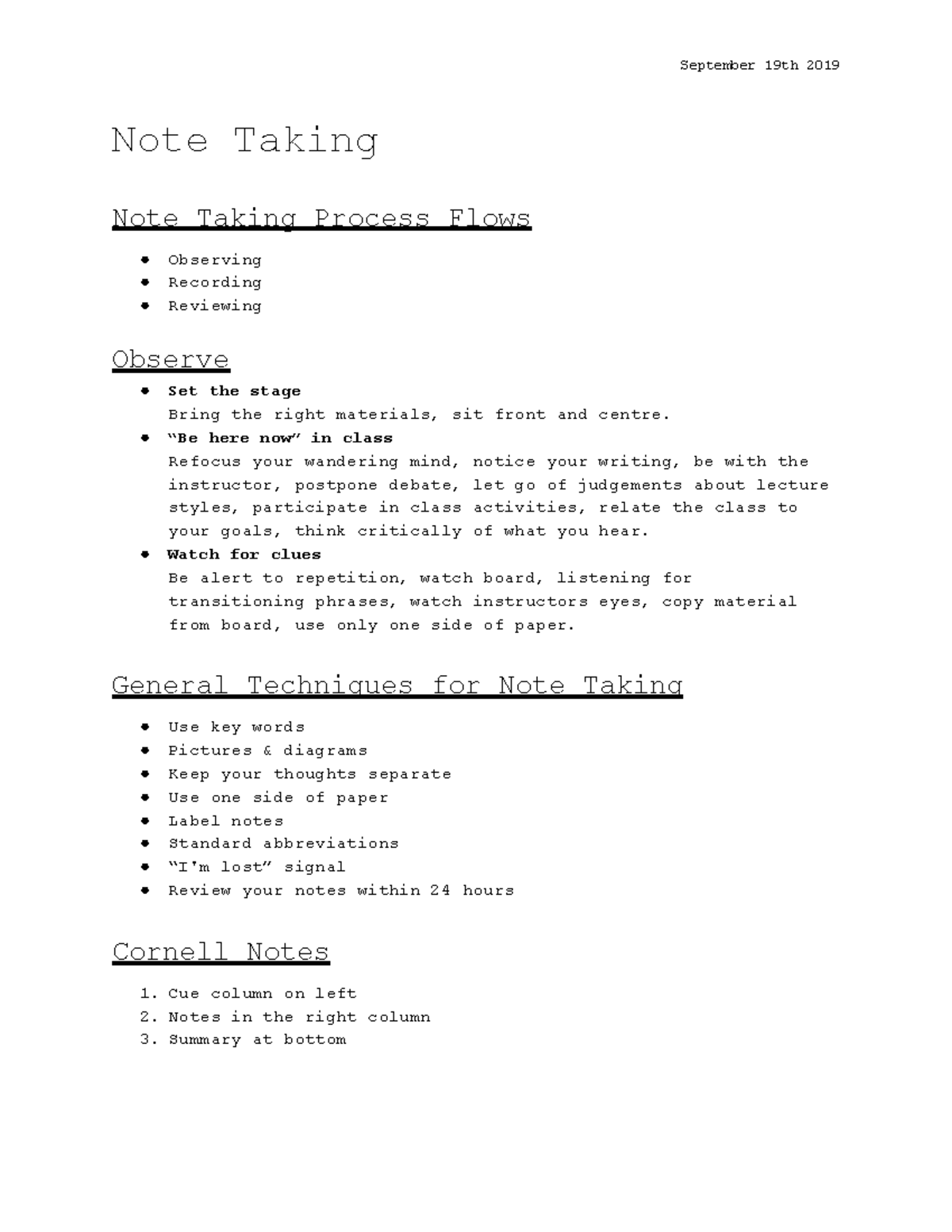 Note Taking - Lecture notes 4 - September 19th 2019 Note Taking Note ...