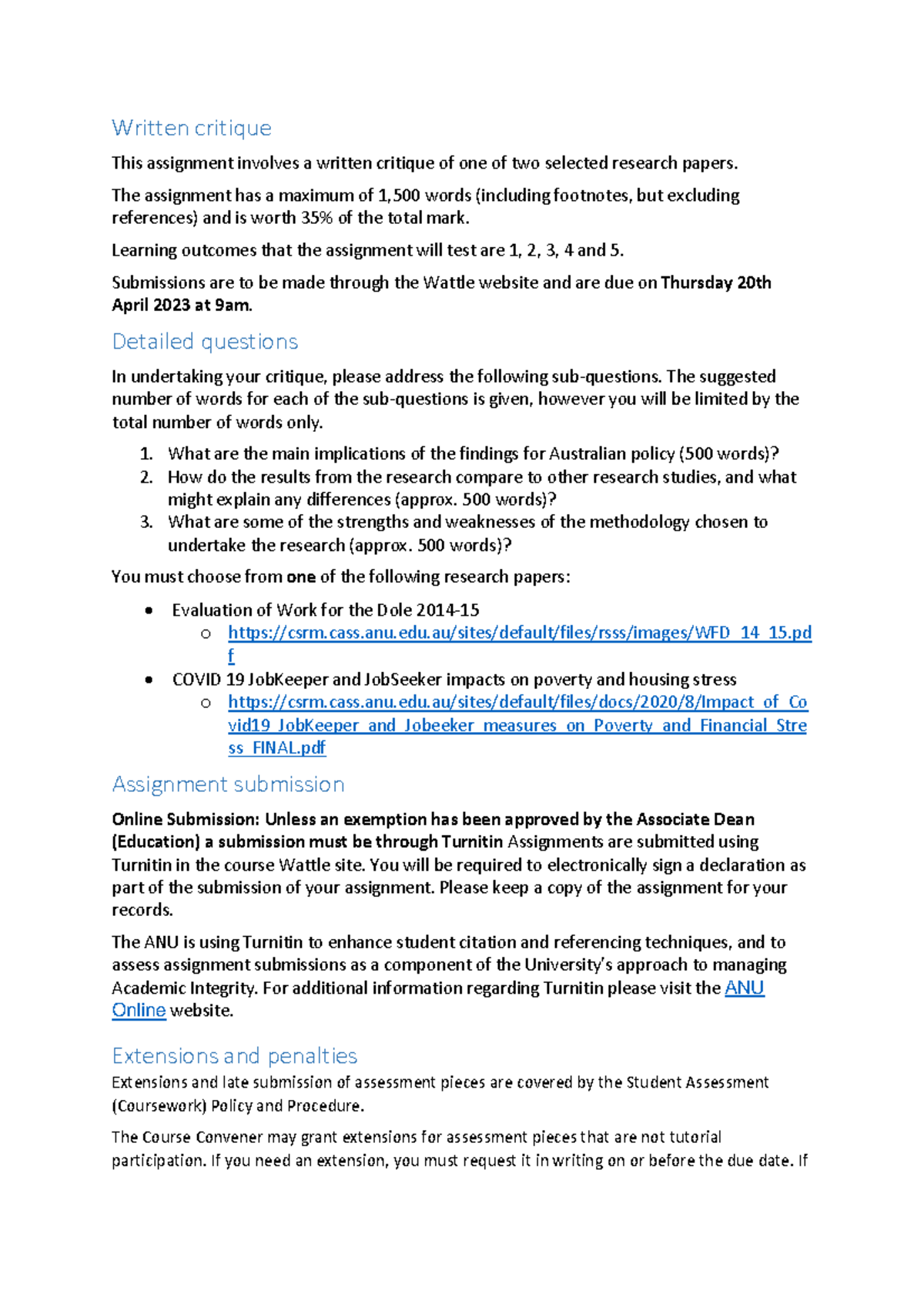 Written critique - overview (Assignment 1) 2023 - Written critique This ...