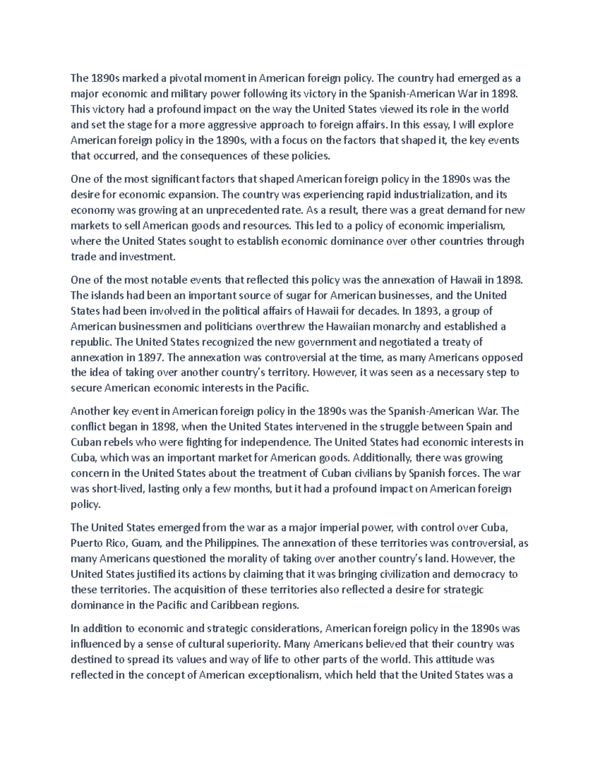 American Foreign Policy in the 1890s - The 1890s marked a pivotal ...