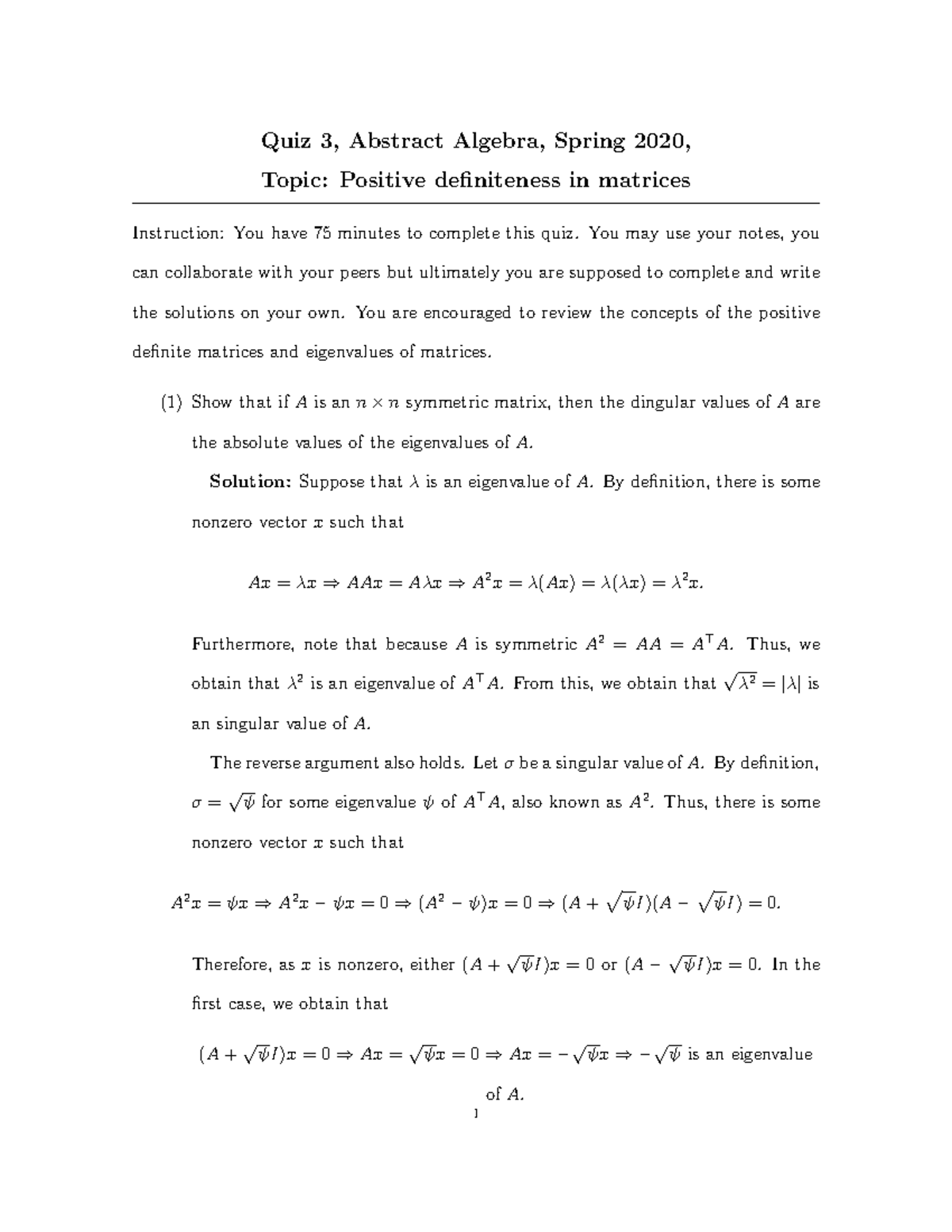 Quiz3 - Positive definiteness in matrices - Quiz 3, Abstract Algebra ...