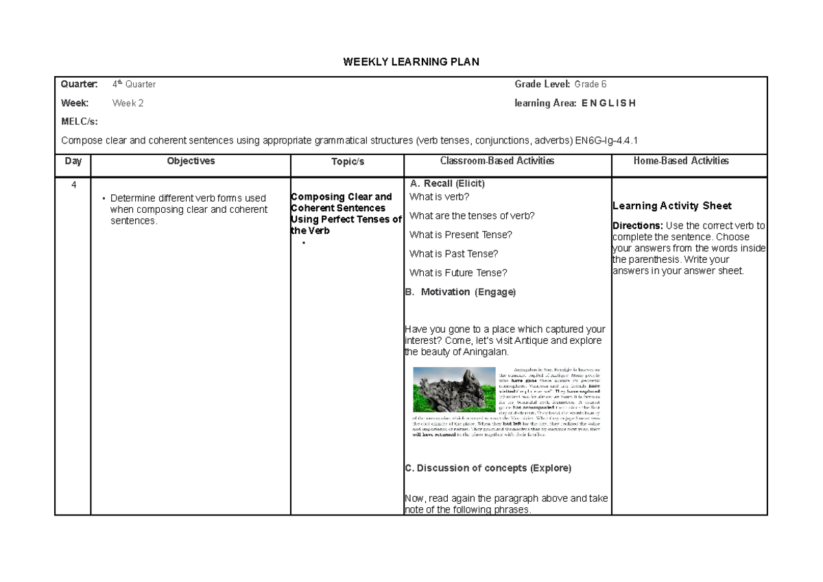 English 6 WLP wk 2 - NONE - WEEKLY LEARNING PLAN Quarter: 4 th Quarter ...