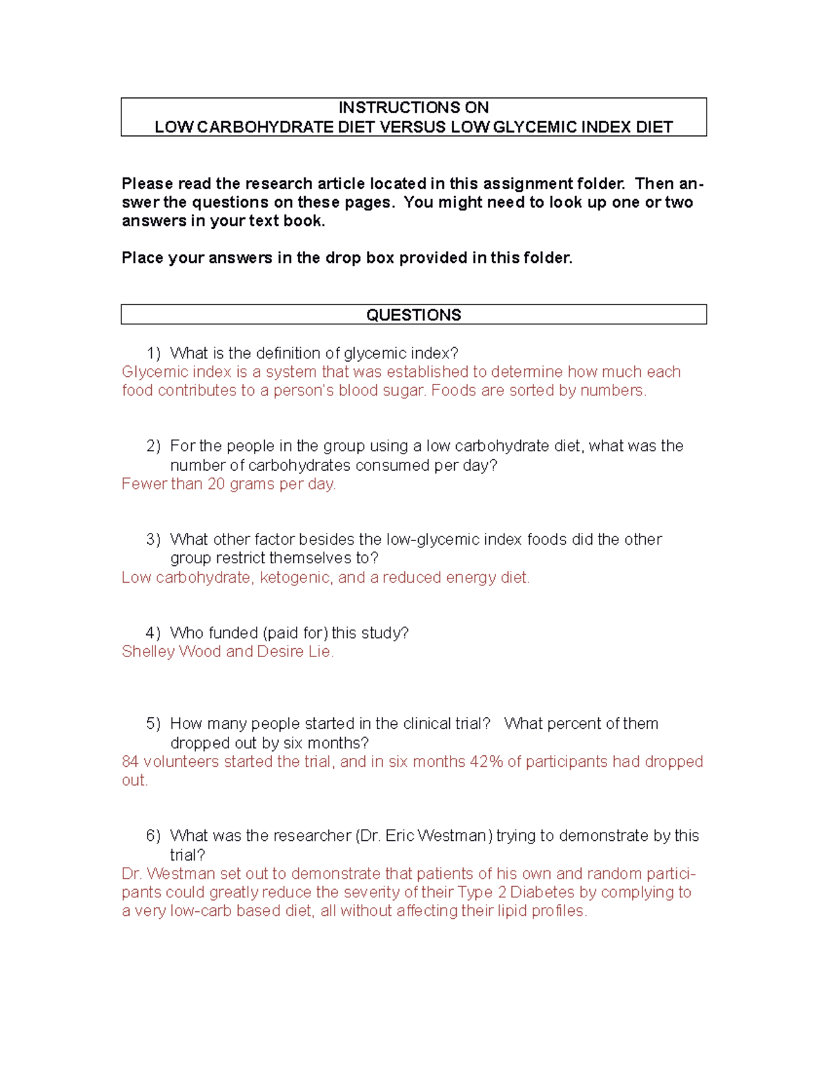 Questions TO Answer LOW CHO Research - INSTRUCTIONS ON LOW CARBOHYDRATE ...