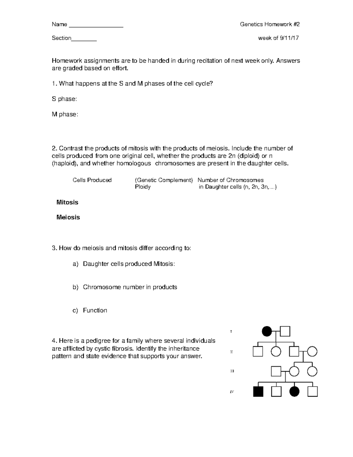 Homework Assignment 2 - Name _________________ Genetics Homework #2 ...