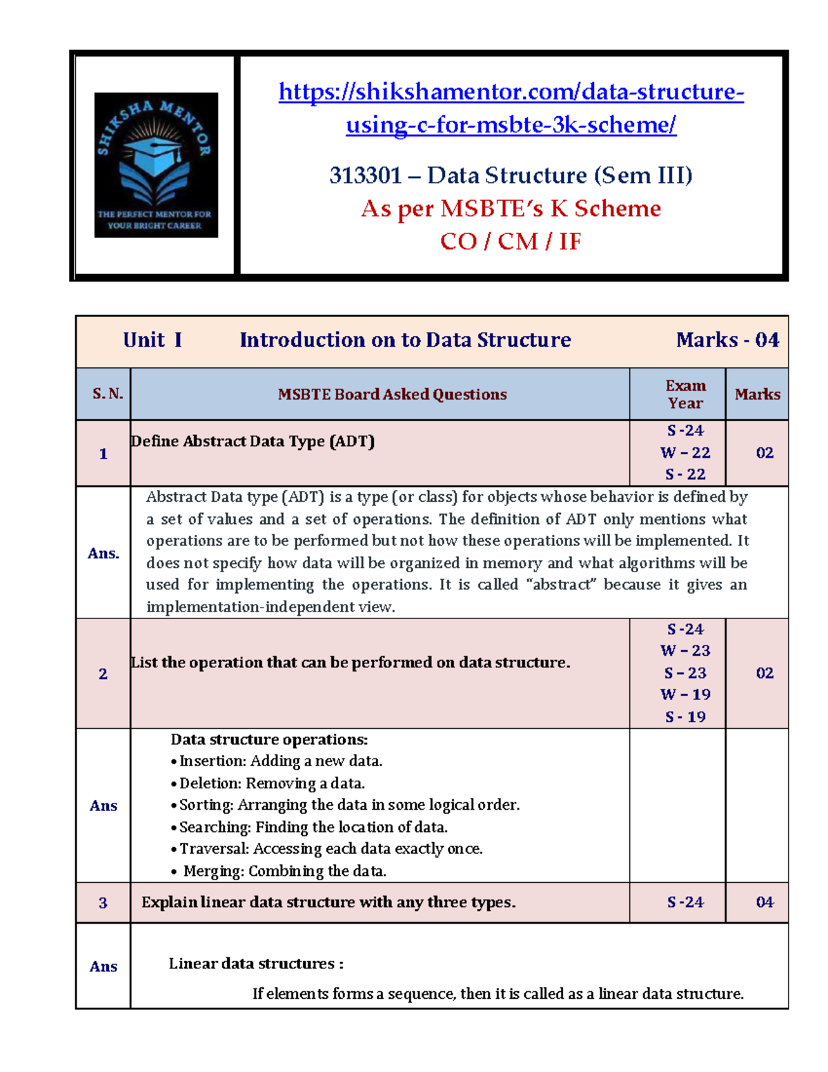 Unit-1-DSU - imp - shikshamentor/data-structure- using-c-for-msbte-3k-scheme/ 313301 – Data ...