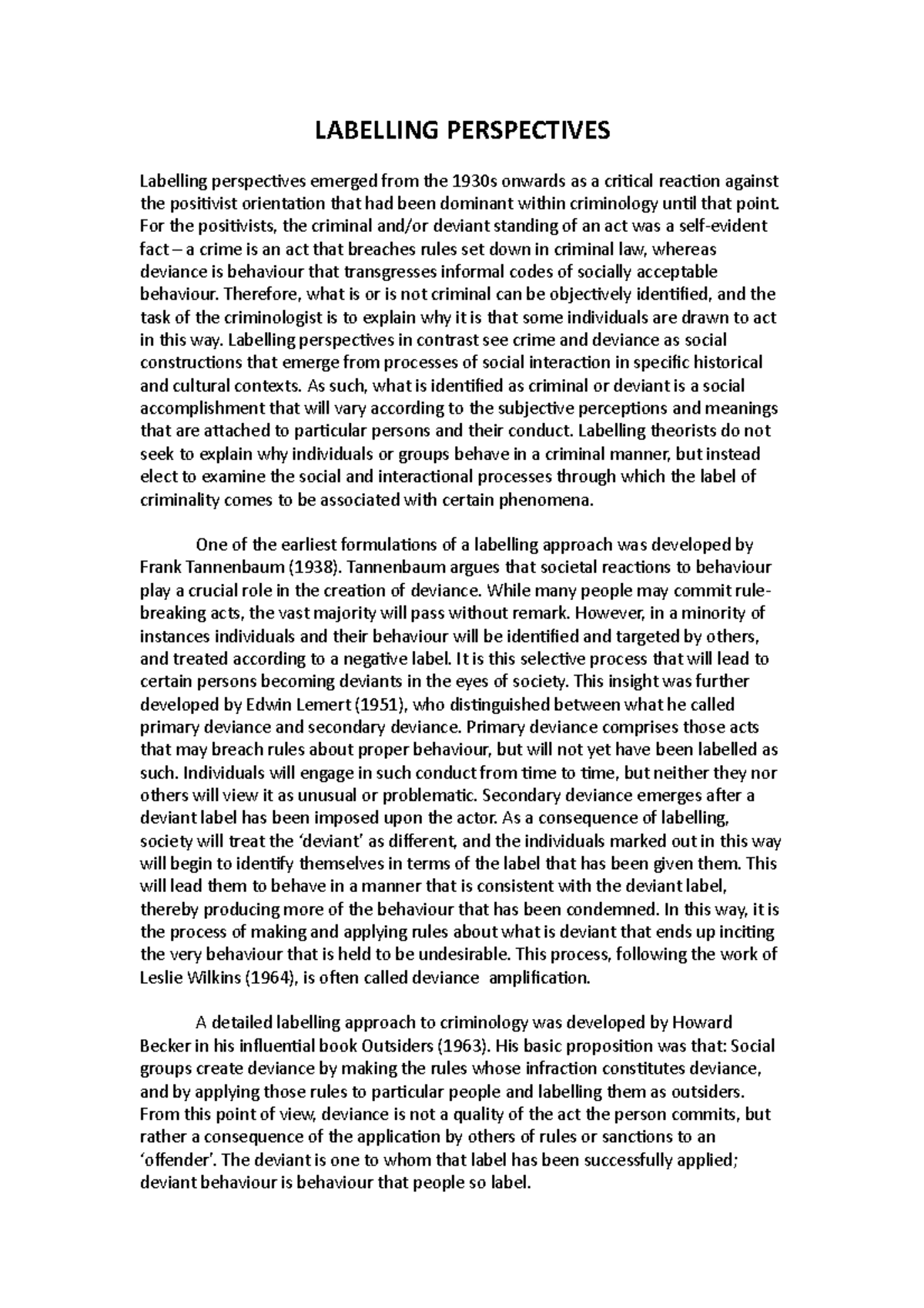 Labelling Perspectives - Key Concept - LABELLING PERSPECTIVES Labelling ...