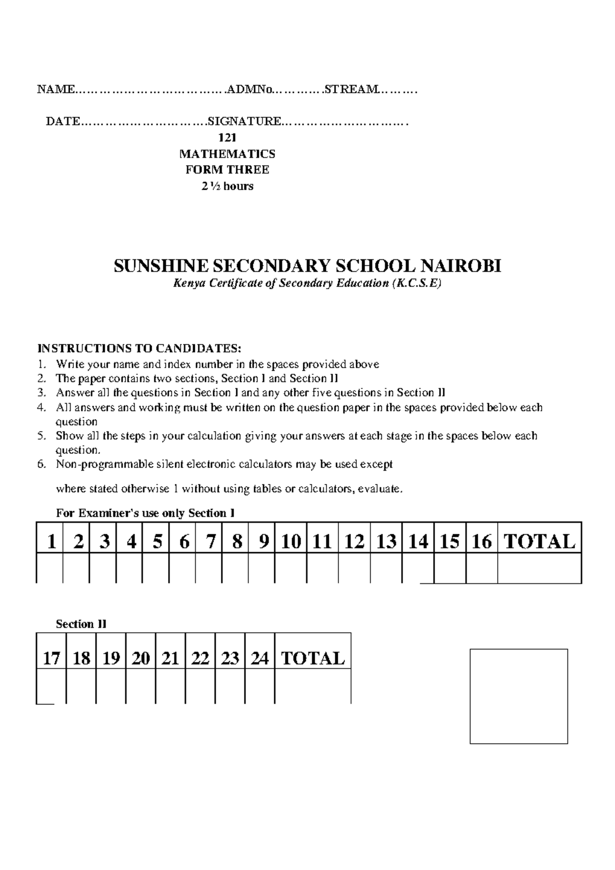 Maths F3 - mathematics paper 1 practice paper - - Studocu