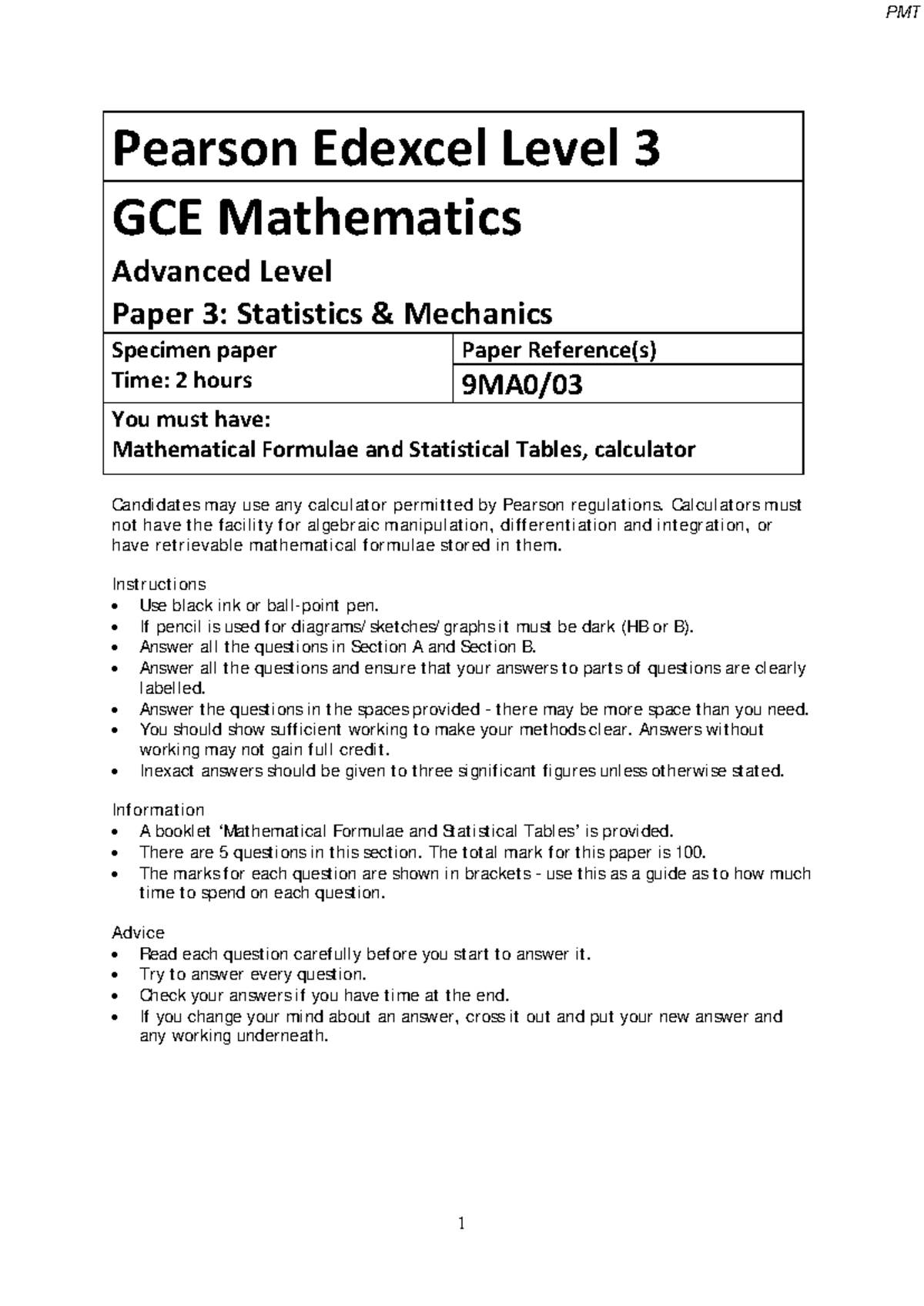 Specimen QP - paper 3 mech and stats - Pearson Edexcel Level 3 GCE ...