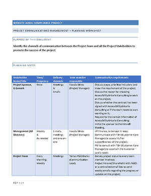 Project Quality Planning Worksheet - WEBSITE AODA COMPLIANCE PROJECT ...