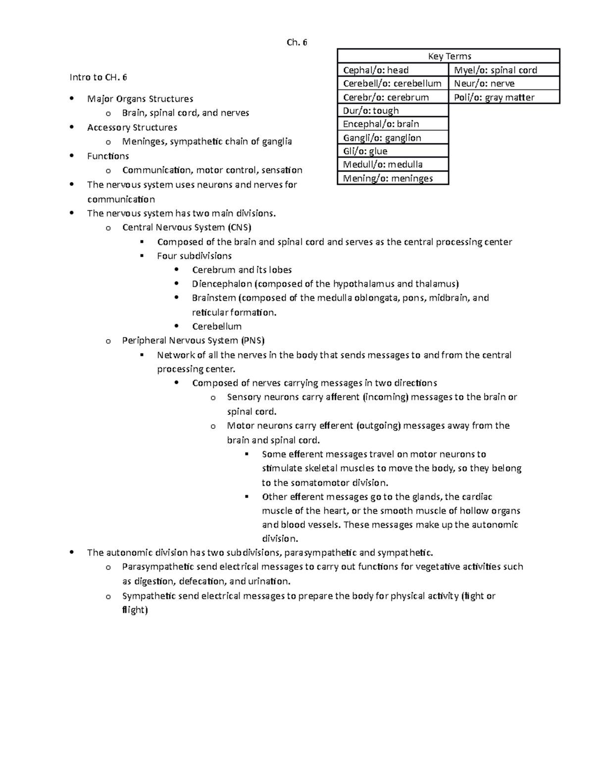 CH 6 Nervous System Notes - Intro to CH. 6 Major Organs Structures o ...