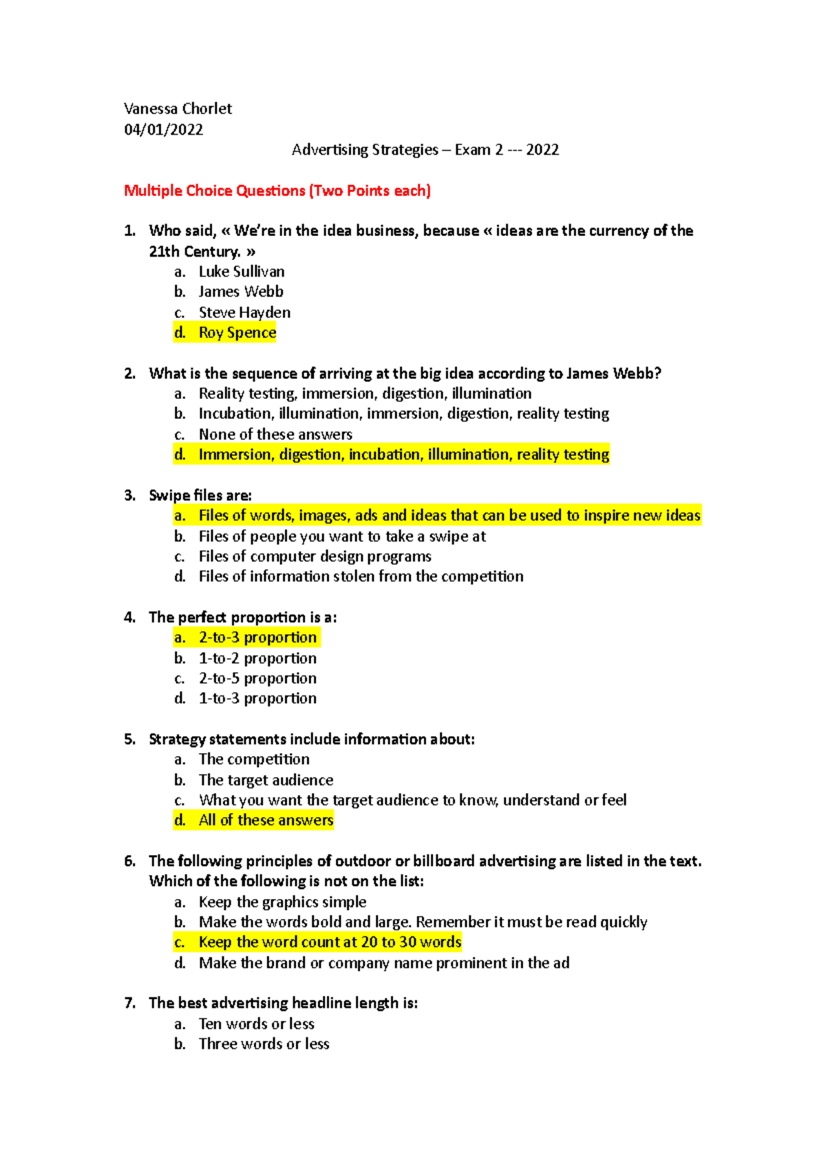 Exam 2 - study guide - Vanessa Chorlet 04/01/ Advertising Strategies ...