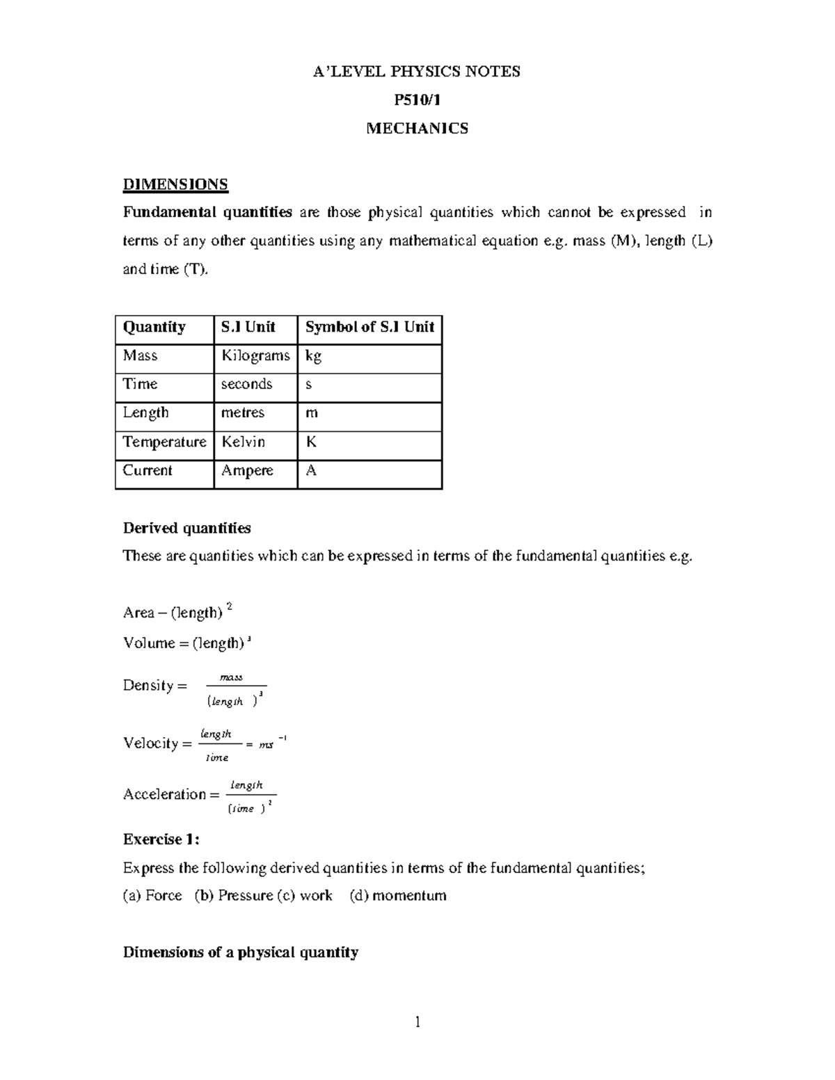 A'level physics notes Mechanics - A’LEVEL PHYSICS NOTES P510/ MECHANICS ...