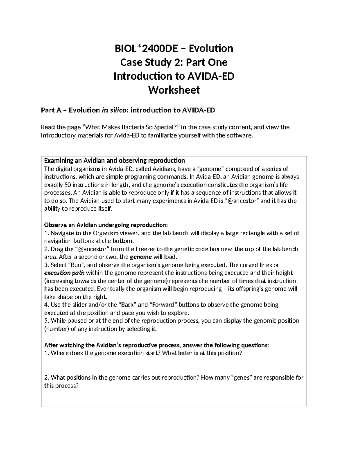Case Study 2 Part One worksheet - BIOL*2400DE – Evolution Case Study 2 ...