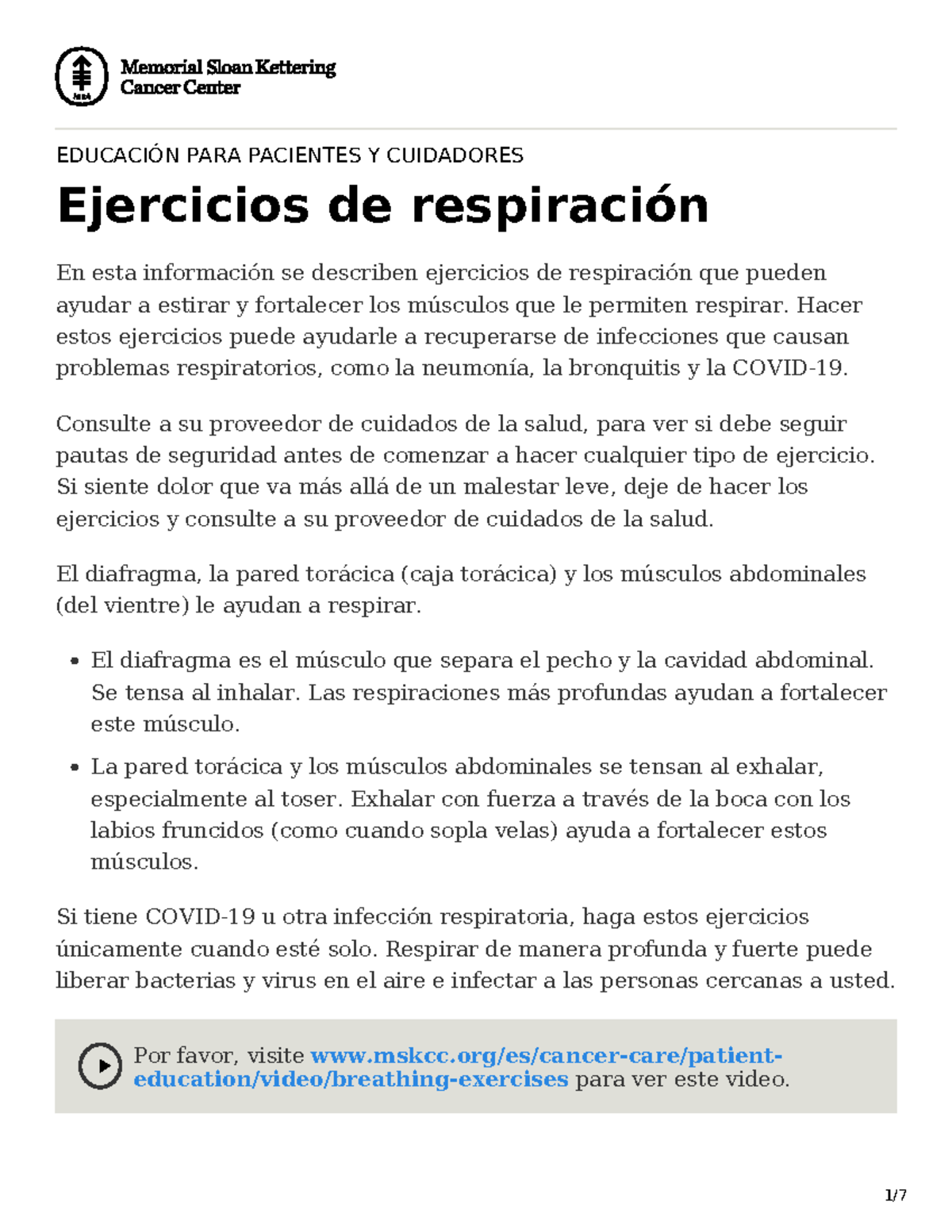 Ejercicios DE Respiracion Mskcc - EDUCACIÓN PARA PACIENTES Y CUIDADORES ...