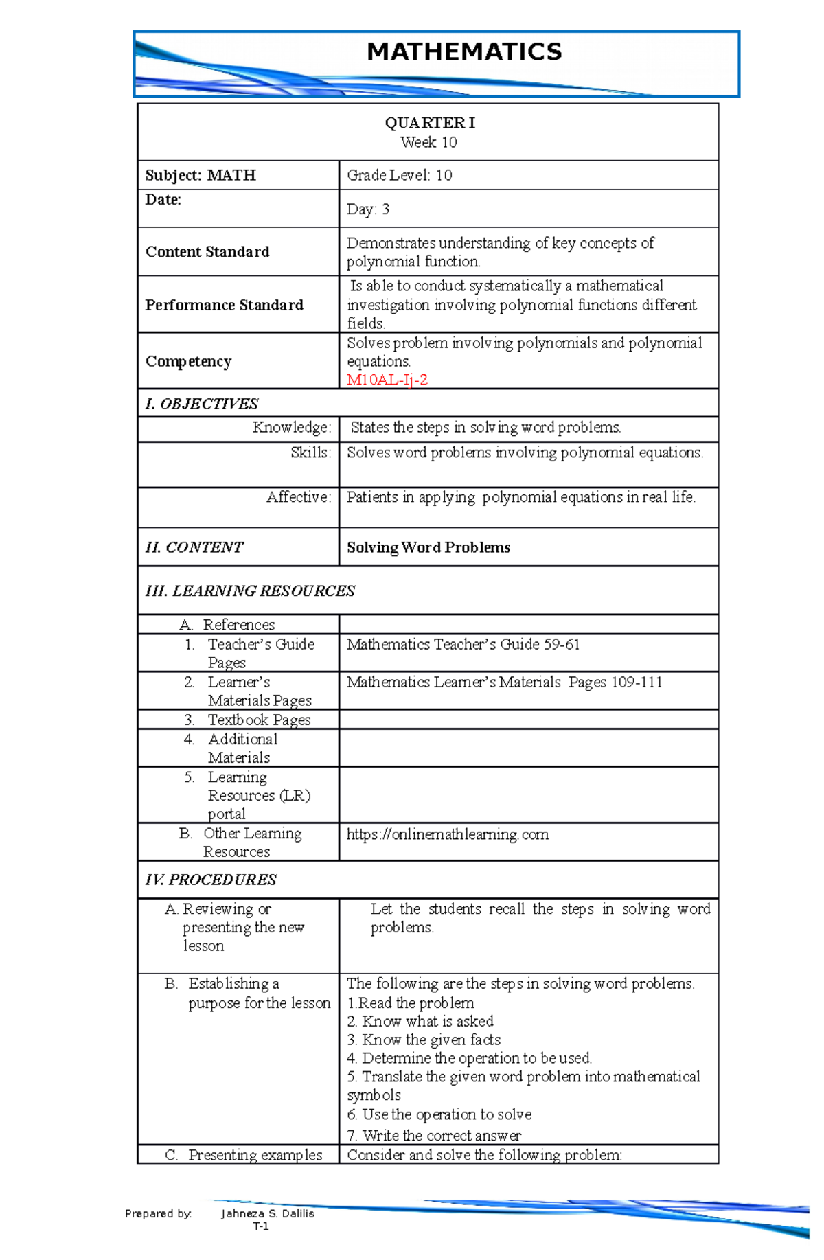 DLP WEEK 10 DAY 3 revised - QUARTER I Week 10 Subject: MATH Grade Level ...
