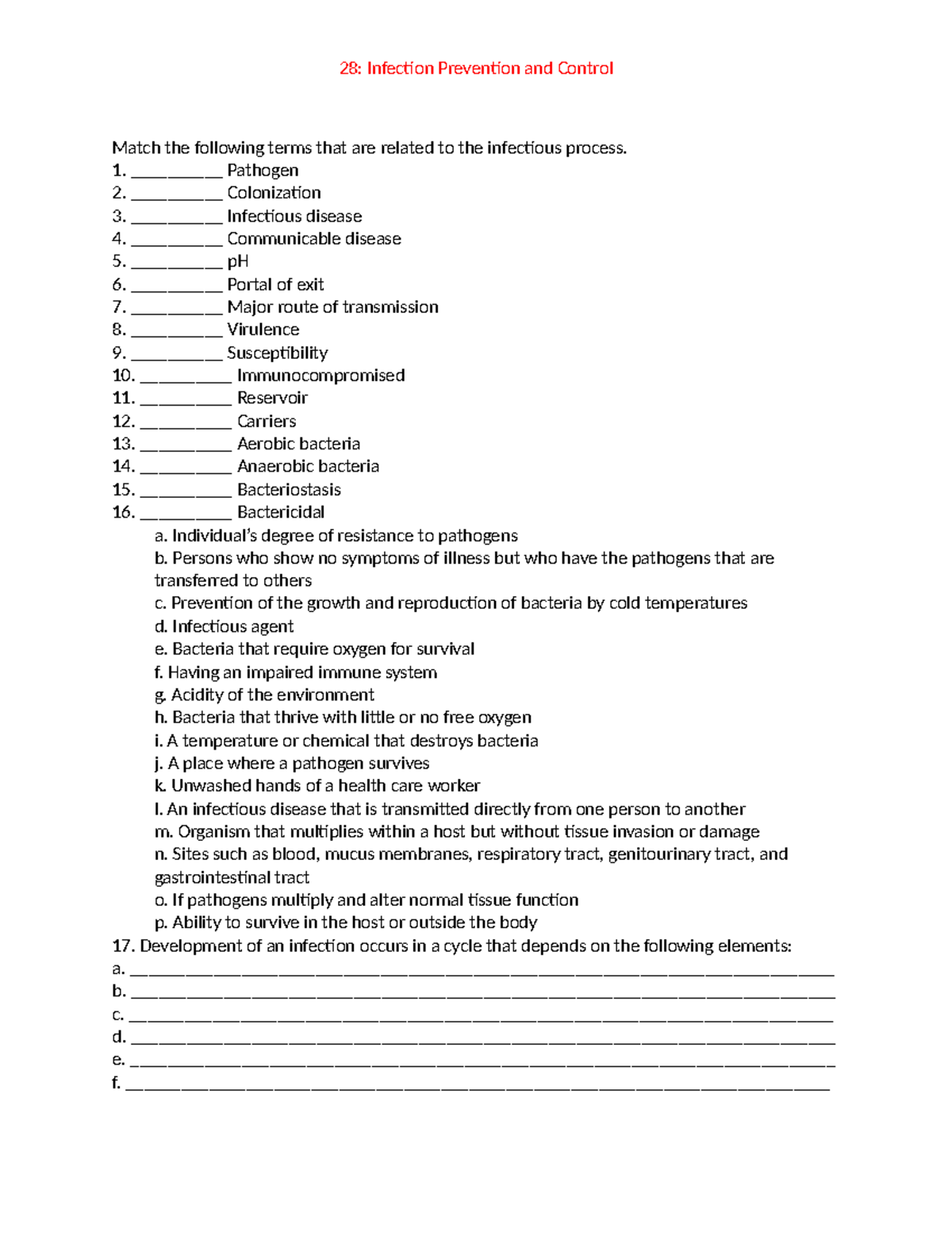 Chapter 28 Infection Prevention and Control - Match the following terms ...