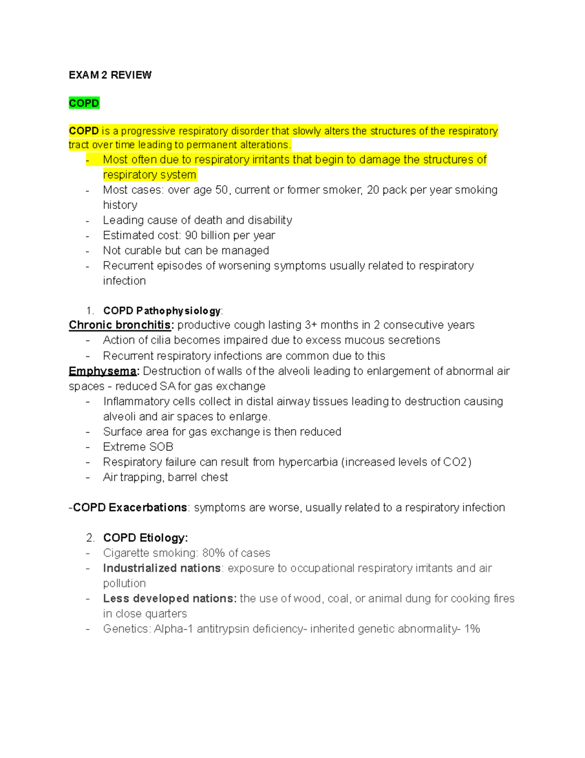 MED SURG Notes 2 - EXAM 2 REVIEW COPD COPD is a progressive respiratory ...