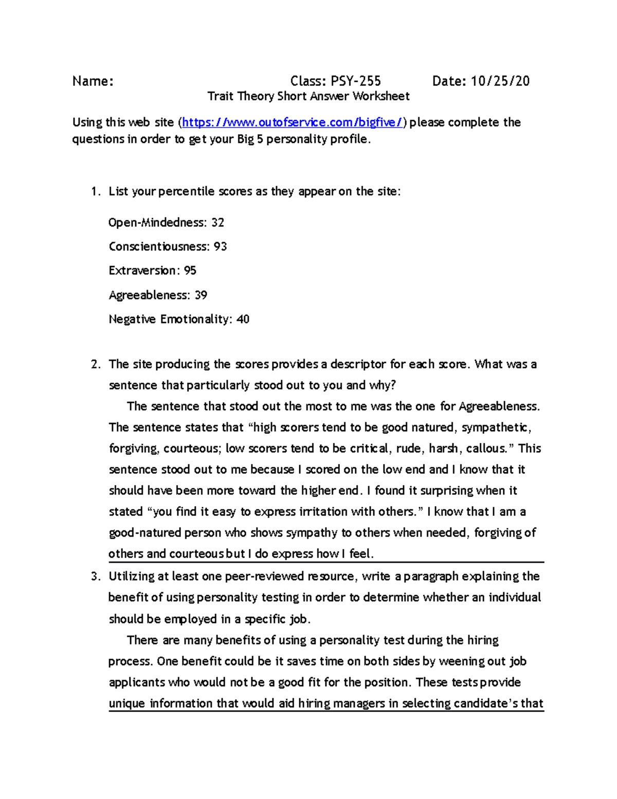 PSY 255 Trait Theory Short Answer Worksheet - Name: Class: PSY-255 Date ...