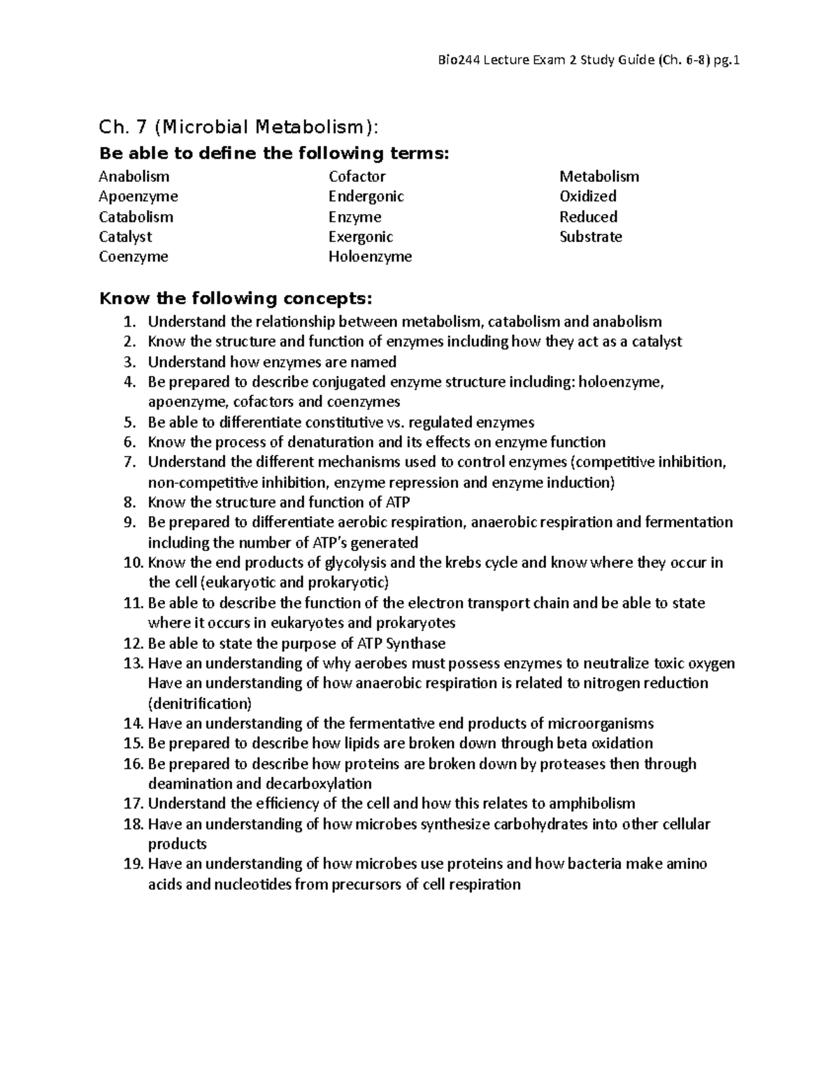 Ch. 7 (Microbial Metabolism) Study Guide - Bio244 Lecture Exam 2 Study ...