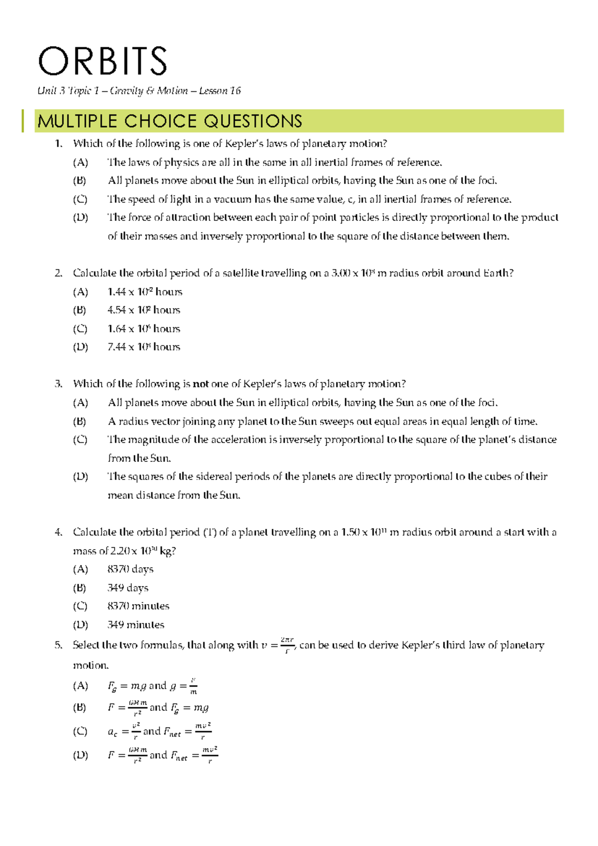 U3T1 L16 - Orbits Problem Solving WS - ORBITS Unit 3 Topic 1 – Gravity ...