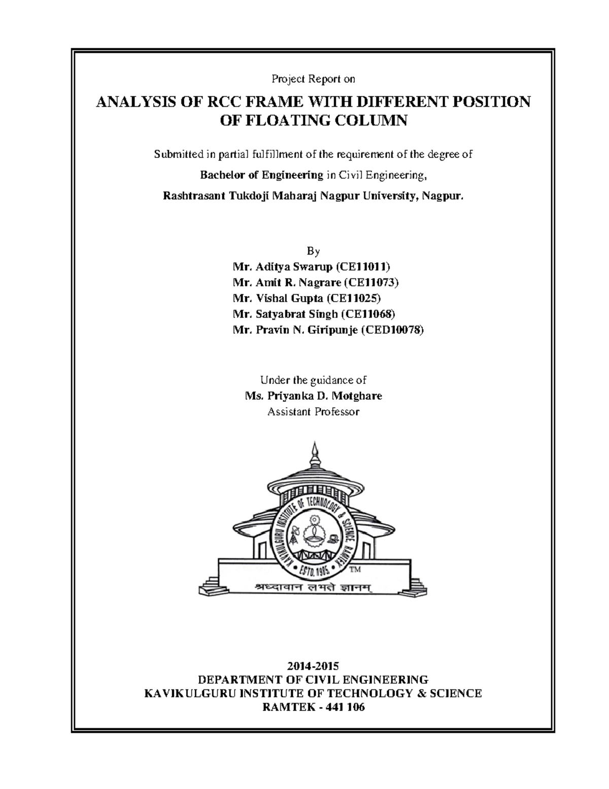 A - ANALYSIS - Project Report on ANALYSIS OF RCC FRAME WITH DIFFERENT ...