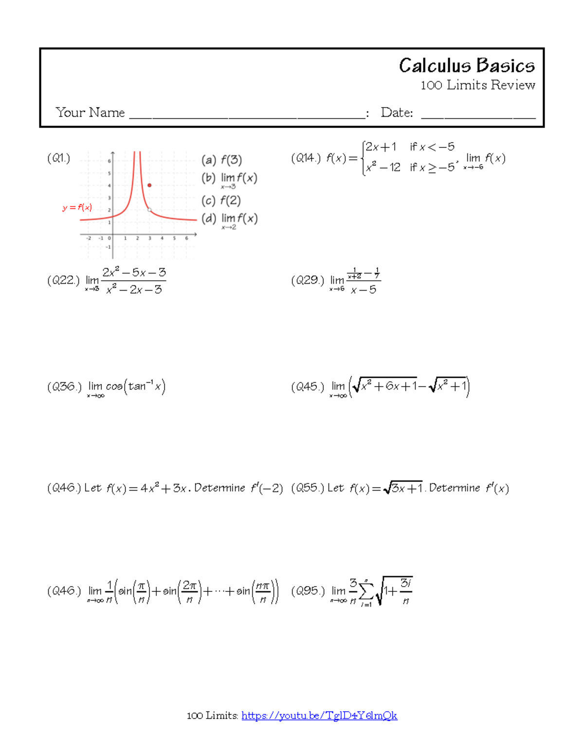 [Live] 100 Limits Review - Calculus Basics 100 Limits Review Your Name ...