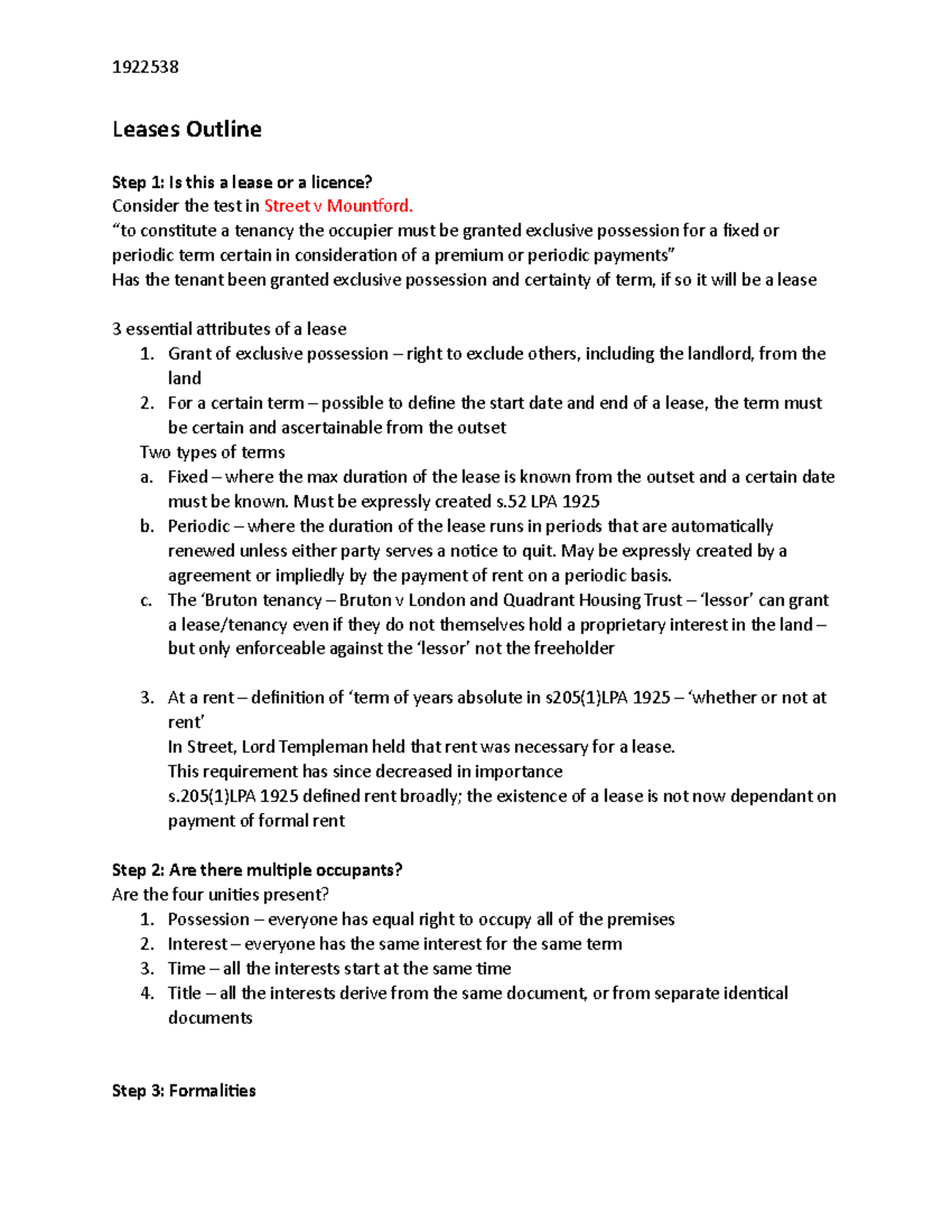 Leases Outline - LX2082 - Brunel University - Studocu