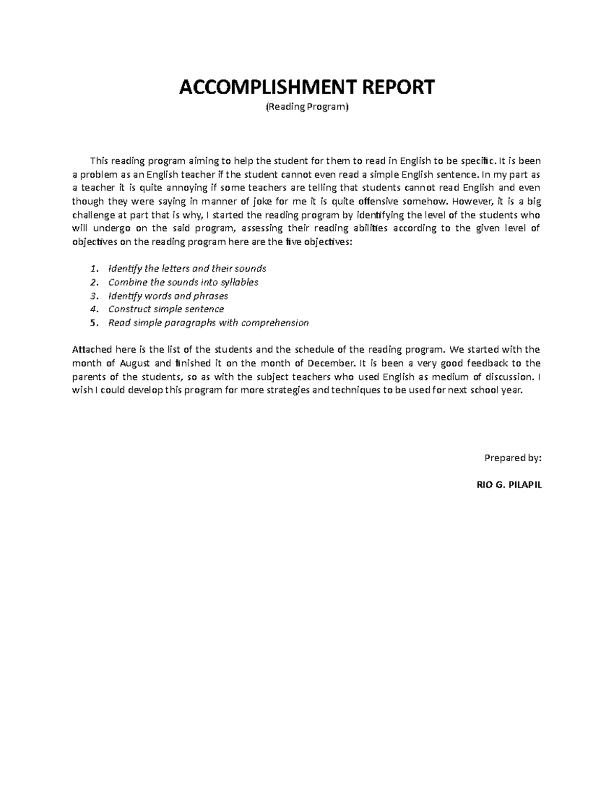 Accomplishment Report (reading program) - ACCOMPLISHMENT REPORT ...