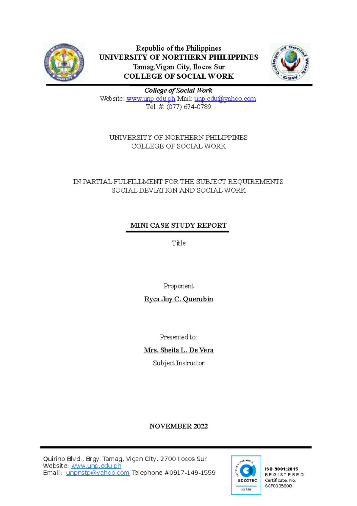 Format MINI CASE Study - ISO 9001:2015 R E G I S T E R E D Republic of ...