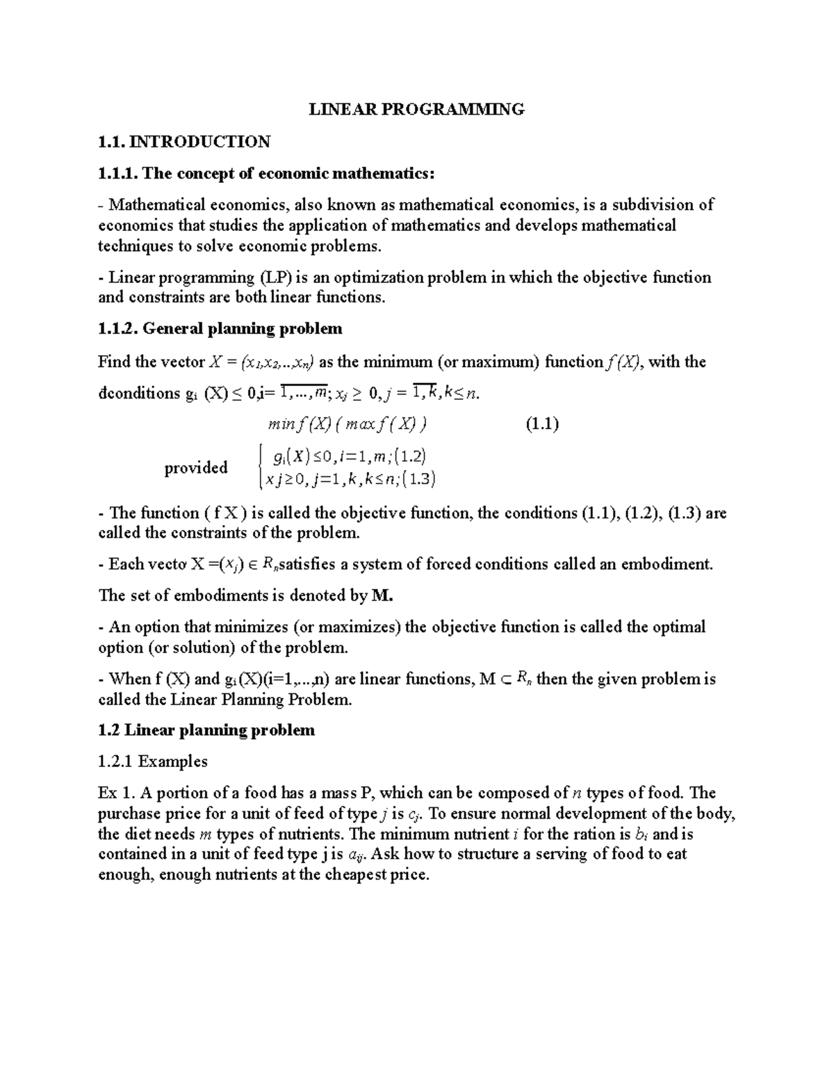 BÀI TOÁN QUY HOẠCH TUYẾN TÍNH - LINEAR PROGRAMMING INTRODUCTION 1.1 ...