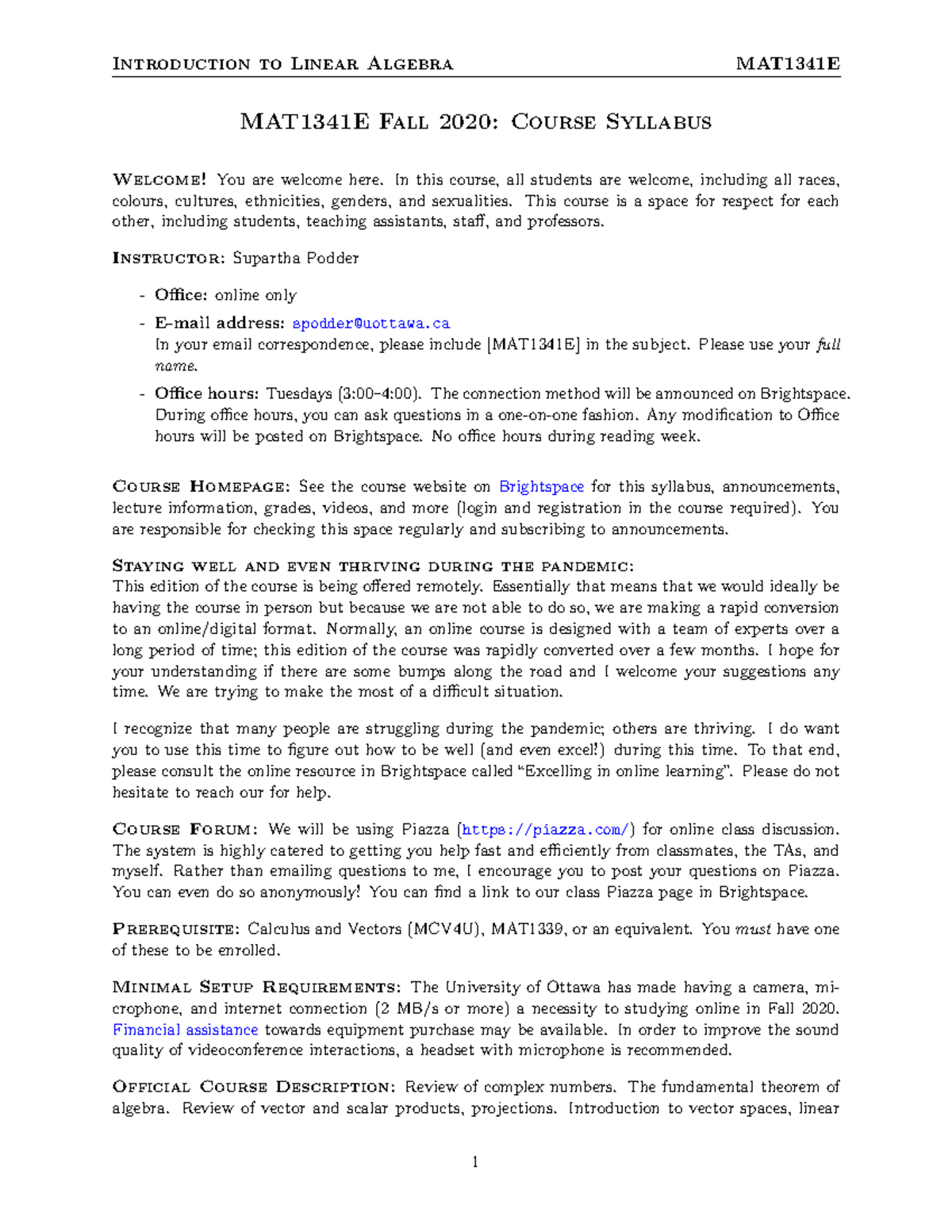 MAT1341 E syllabus - MAT1341E Fall 2020: Course Syllabus Welcome! You are welcome here. In this ...
