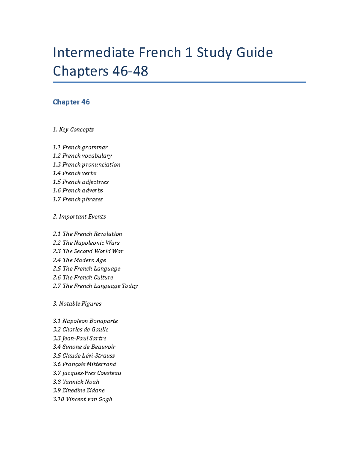 Intermediate French 1 Study Guide Chapters 46-48 - Intermediate French ...