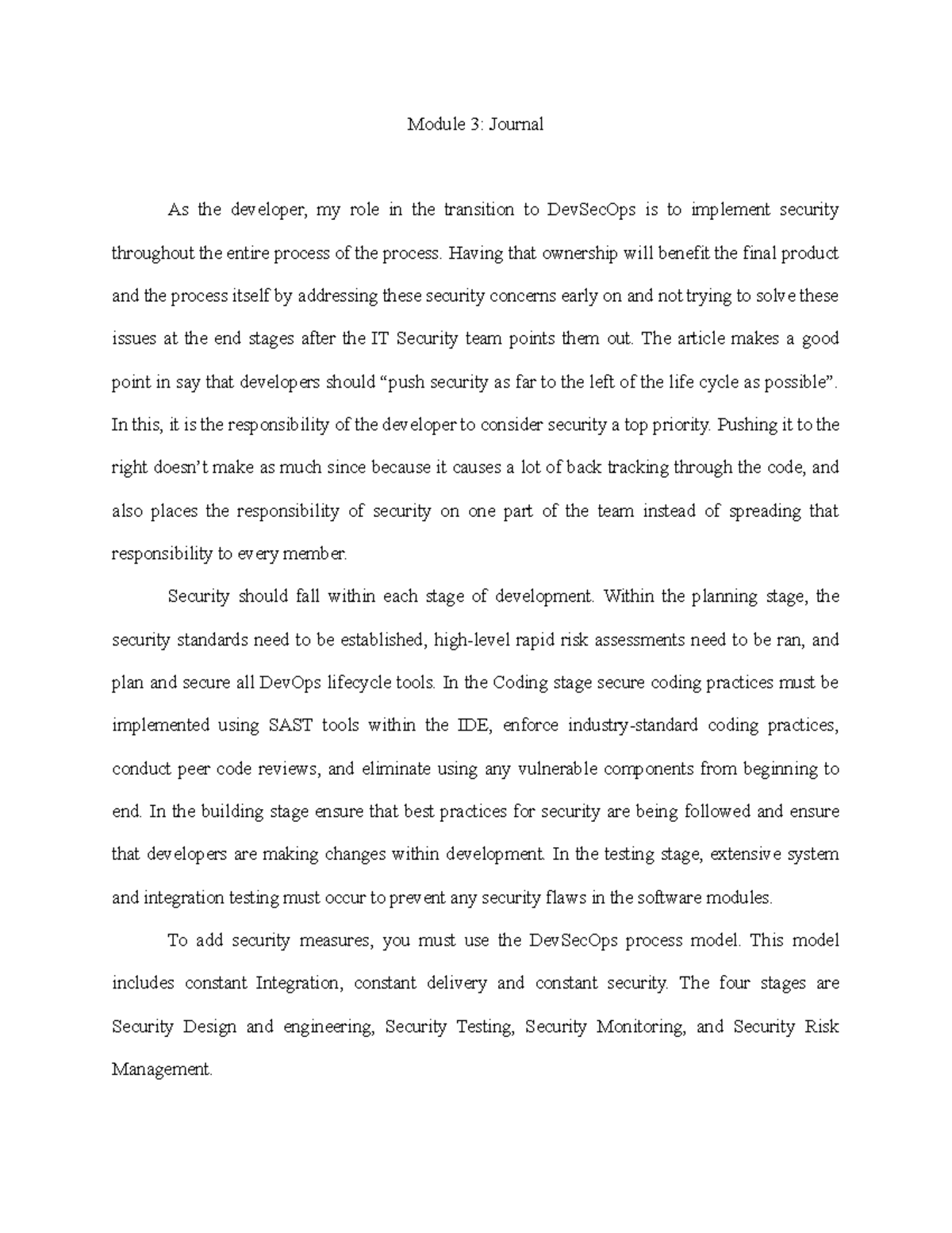 Module 3 Journal - Module 3: Journal As the developer, my role in the ...