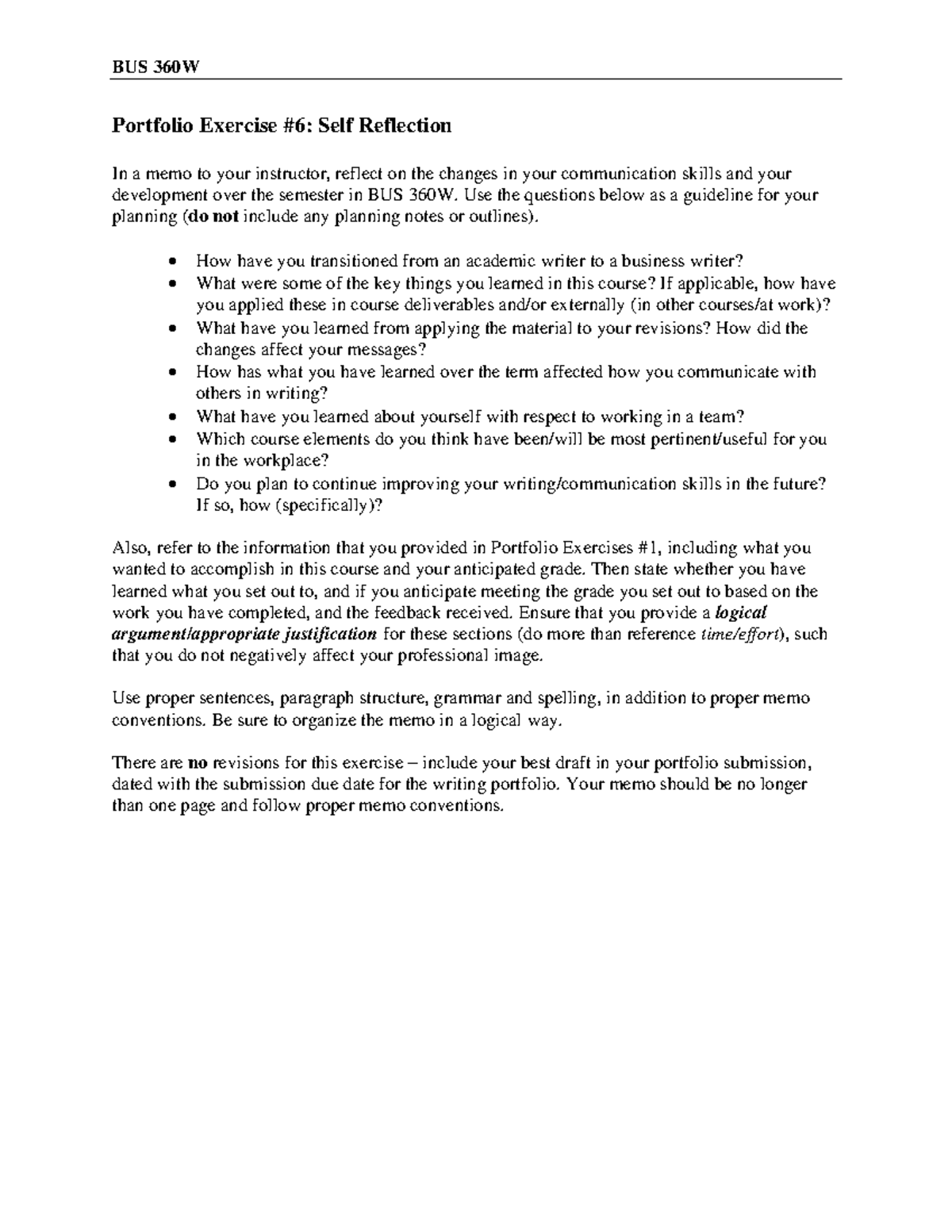 Portfolio Exercise #6 - BUS 360W Portfolio Exercise #6: Self Reflection ...