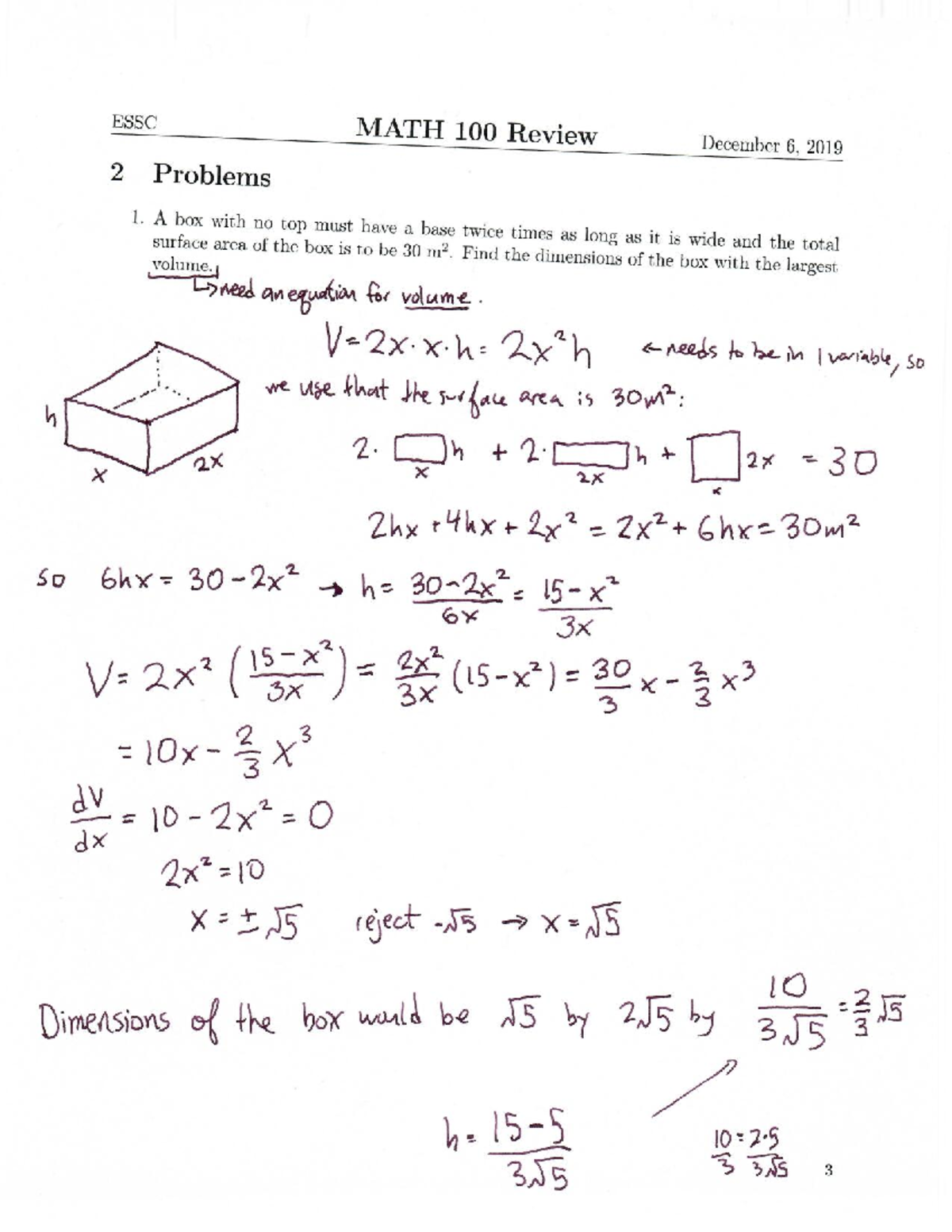 FALL 2019 Final exam review - solutions - Math100 - Studocu