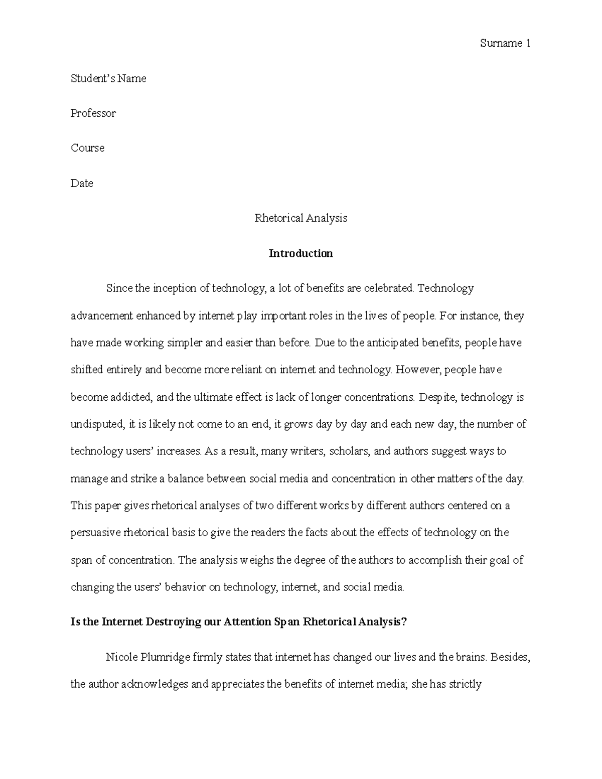 Rhetorical Analysis of Social Media Impact - Student’s Name Professor ...