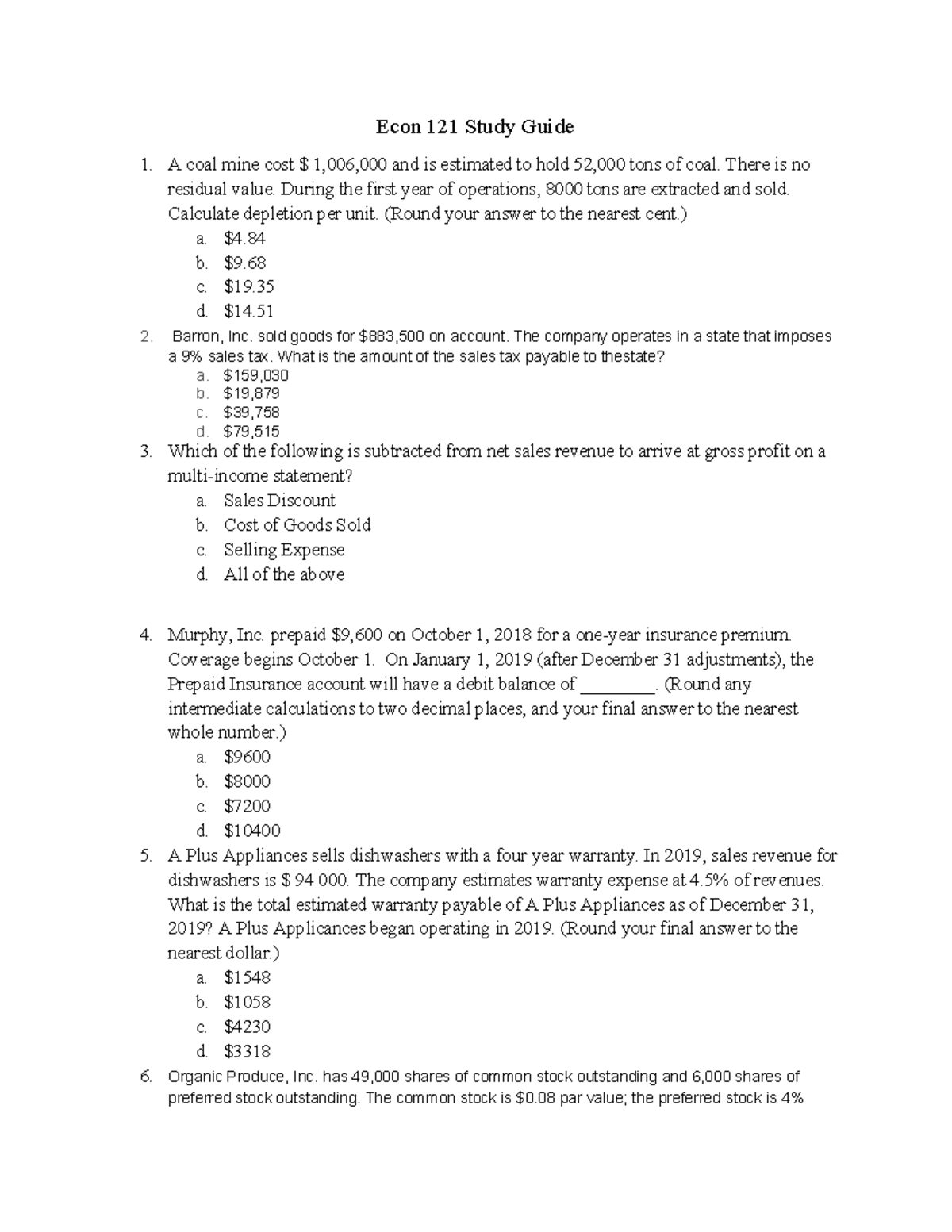 Econ 121 Study Guide - Final exam review - Econ 121 Study Guide 1. A ...