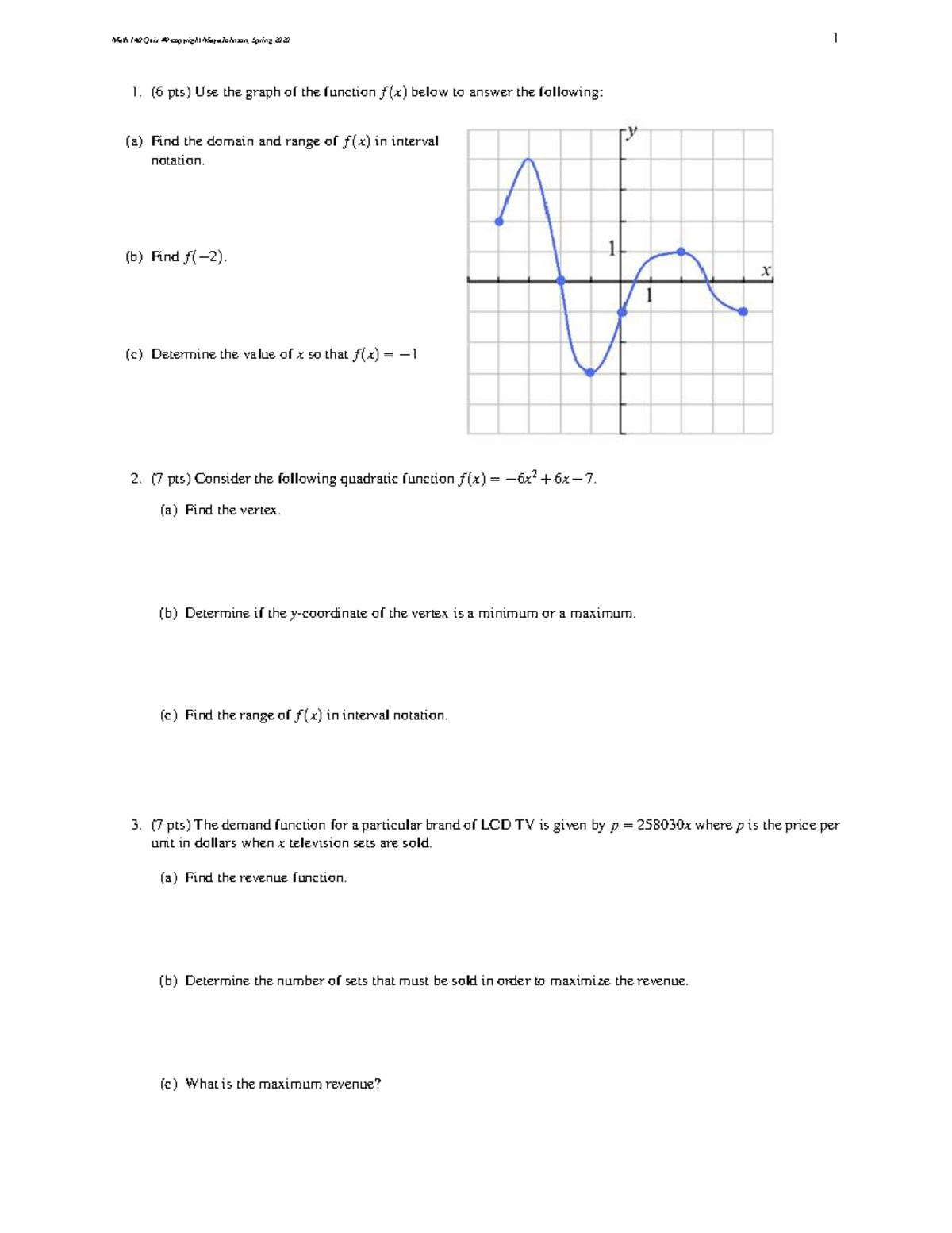 Math 140 Practice Quiz Domain and Range - Math 140 Quiz #9-copyright ...