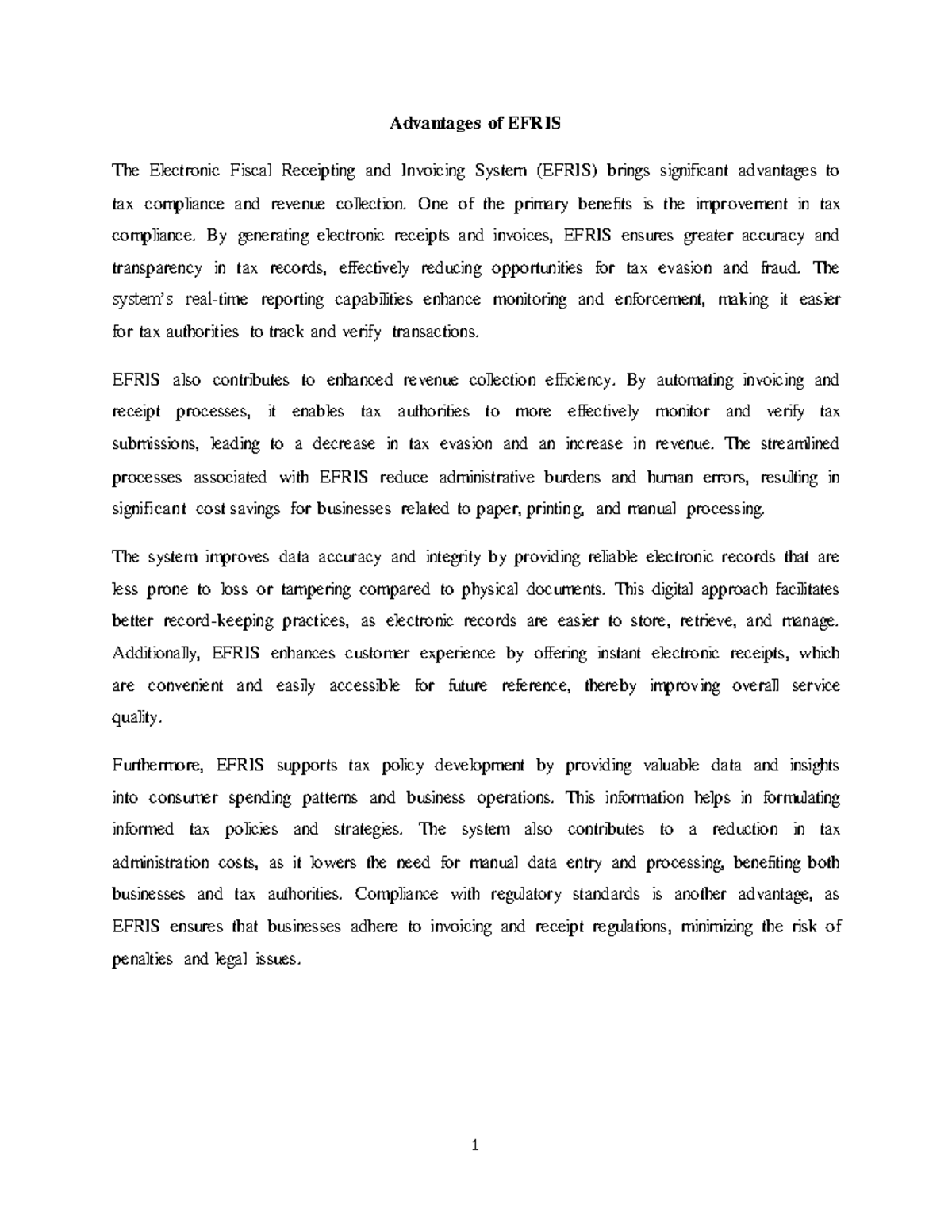 Advantages of Efris - Notes - Advantages of EFRIS The Electronic Fiscal ...