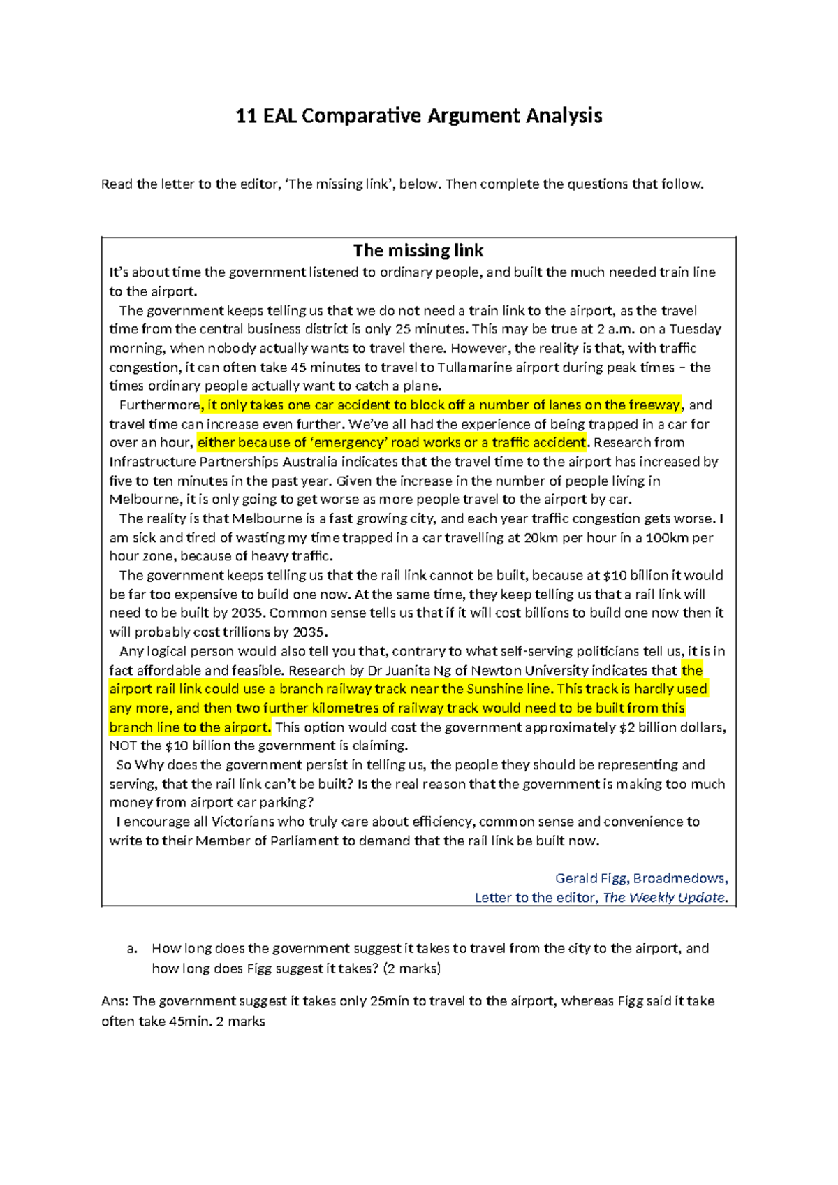 1.1. Argument Analysis short answer questions - 11 EAL Comparative ...