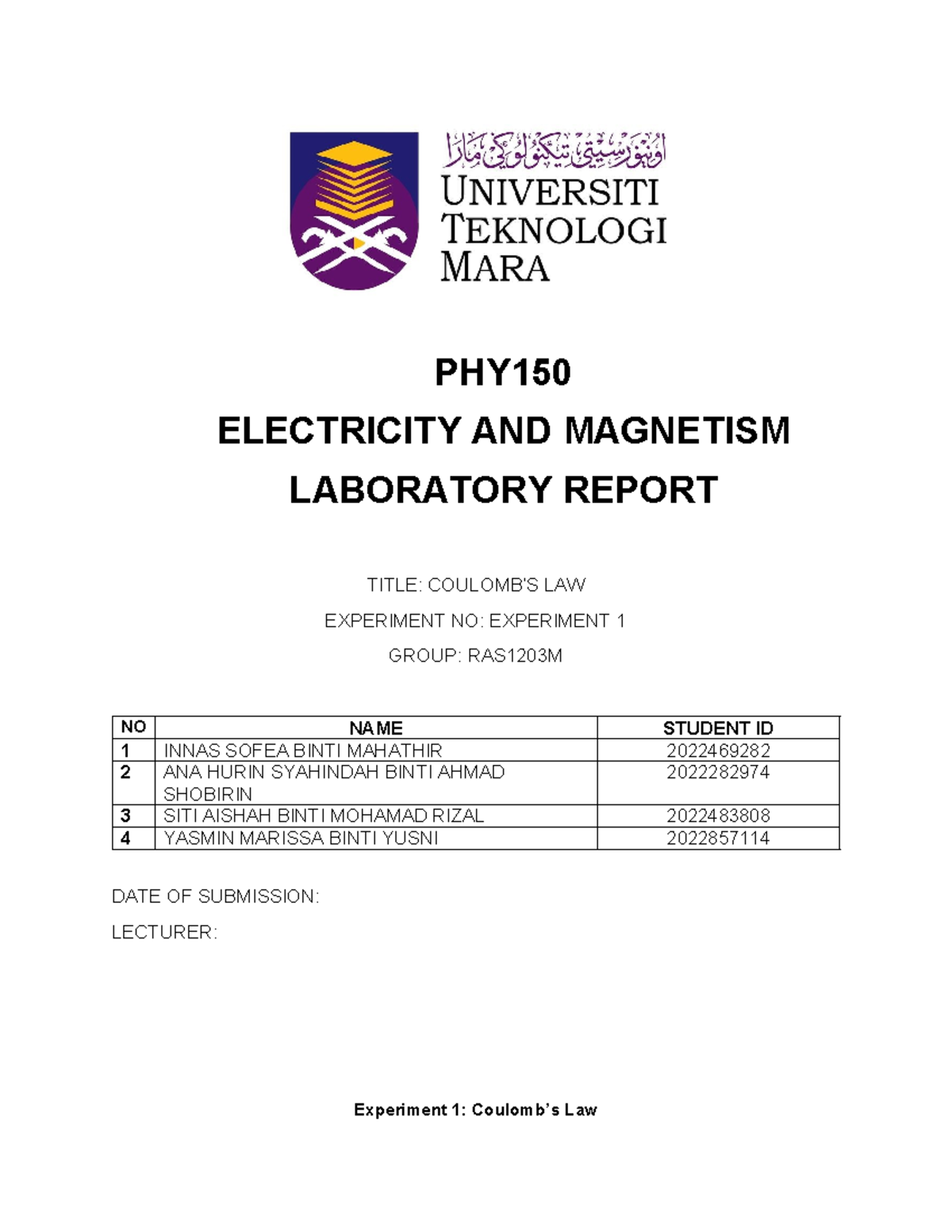 Lab report coulomb law - PHY ELECTRICITY AND MAGNETISM LABORATORY ...