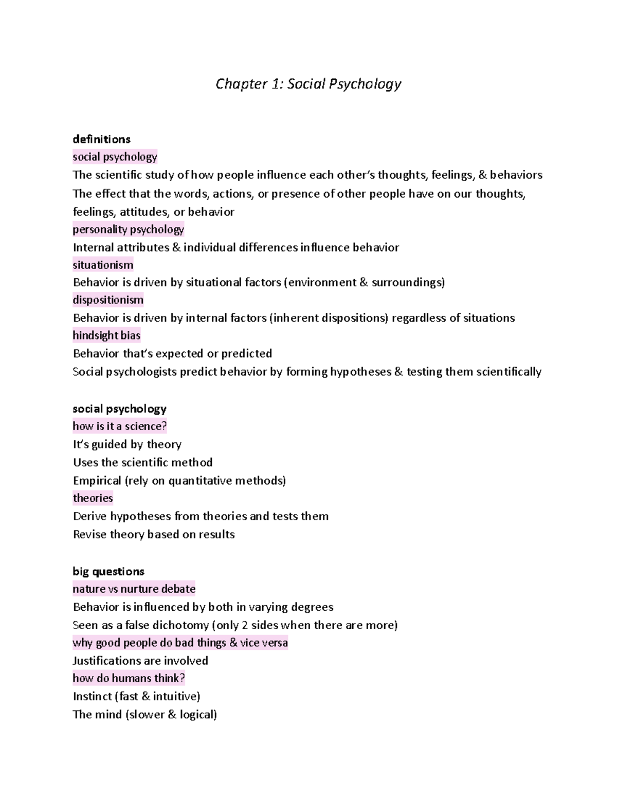 Psych 221 notes - Chapter 1: Social Psychology definitions social ...