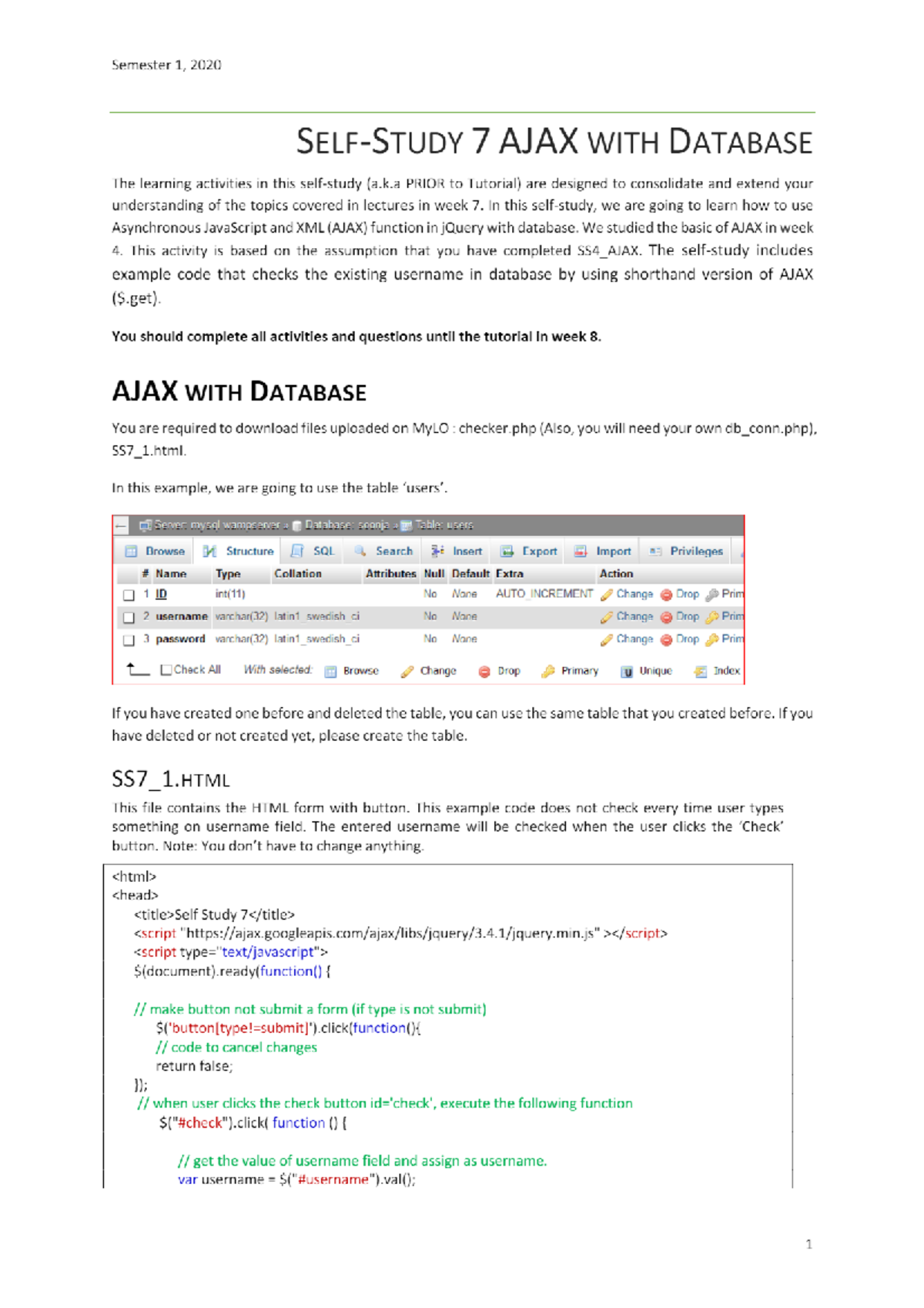 SS7 AJAX with Database - KIT502 Web Development - K7I - UTAS - Studocu