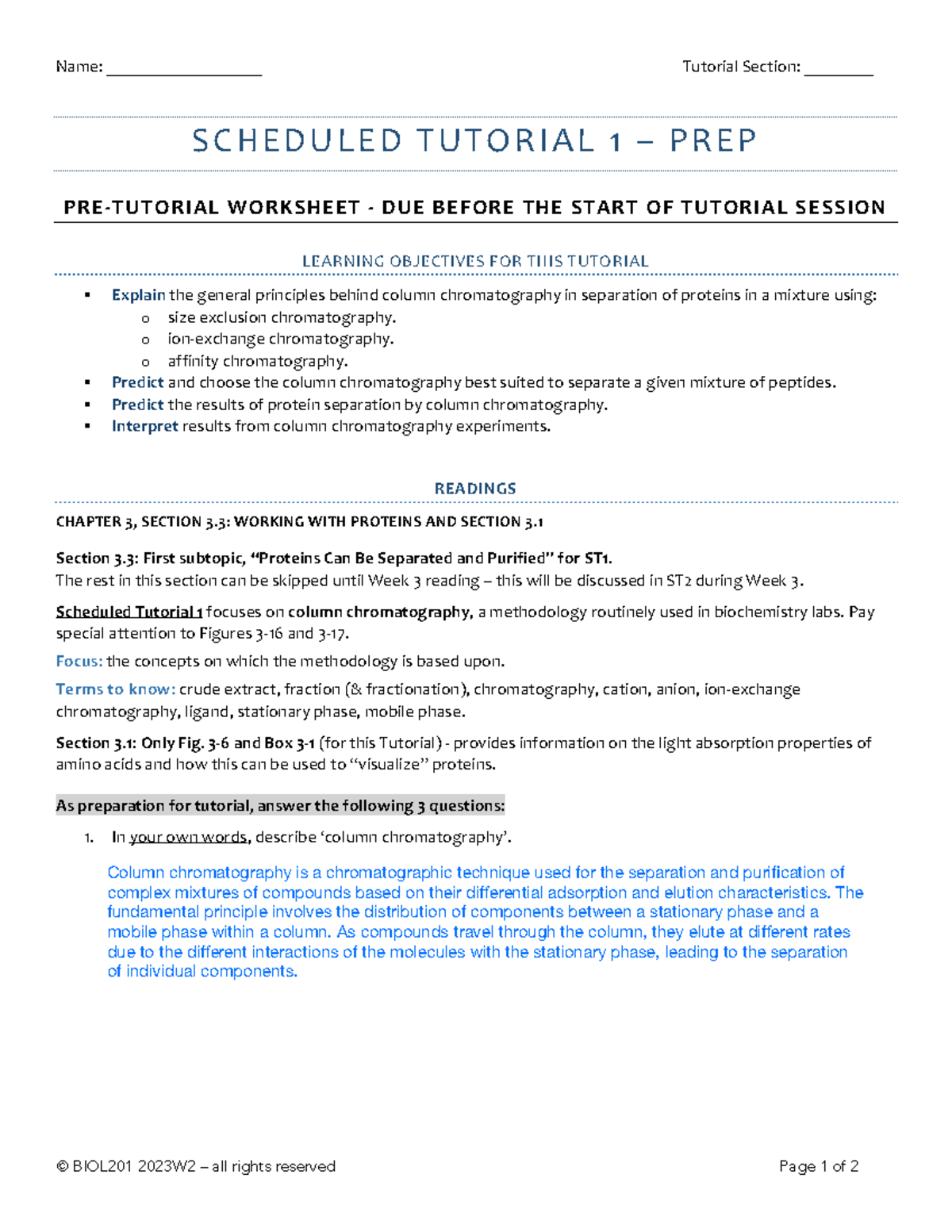 ST1-Pre-Tutorial Worksheet - © BIOL201 2023 W2 – all rights reserved Page 1 of 2 Name: - Studocu