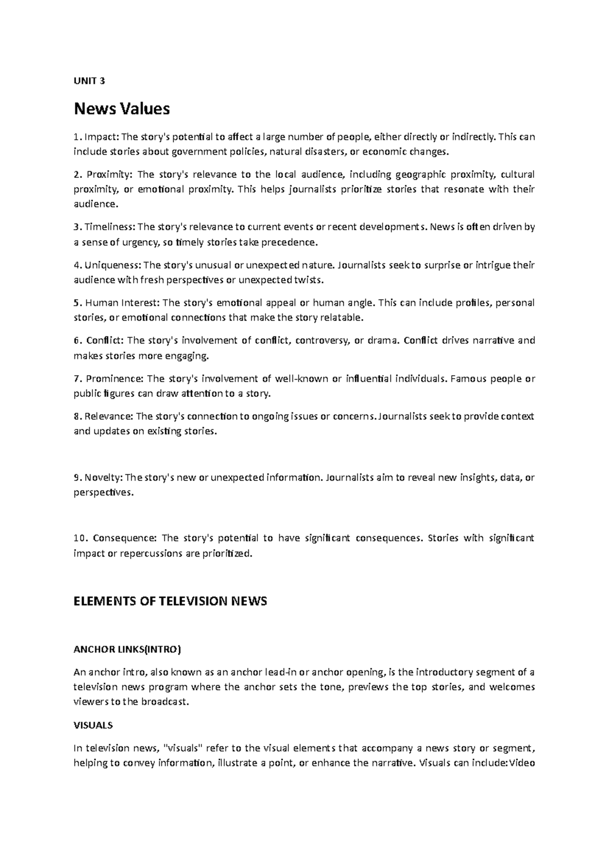 UNIT 3 - Journalism easy lecture notes - UNIT 3 News Values Impact: The ...