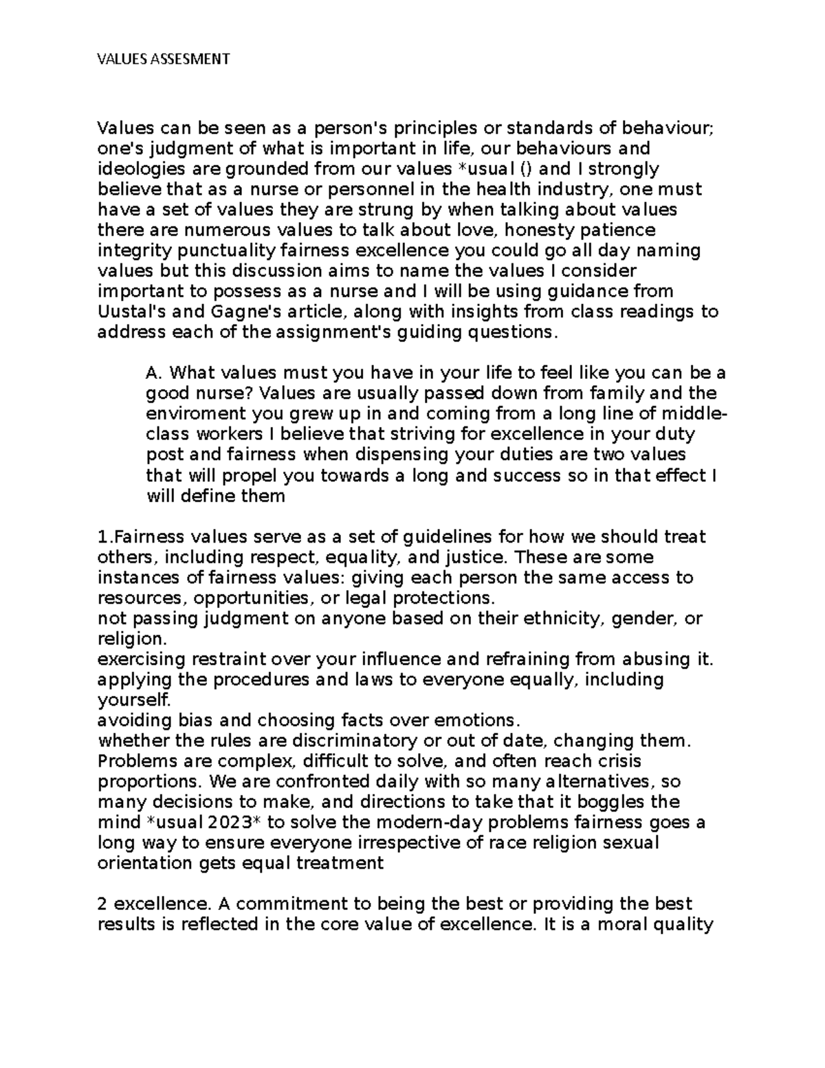 Values larification assesment - VALUES ASSESMENT Values can be seen as ...